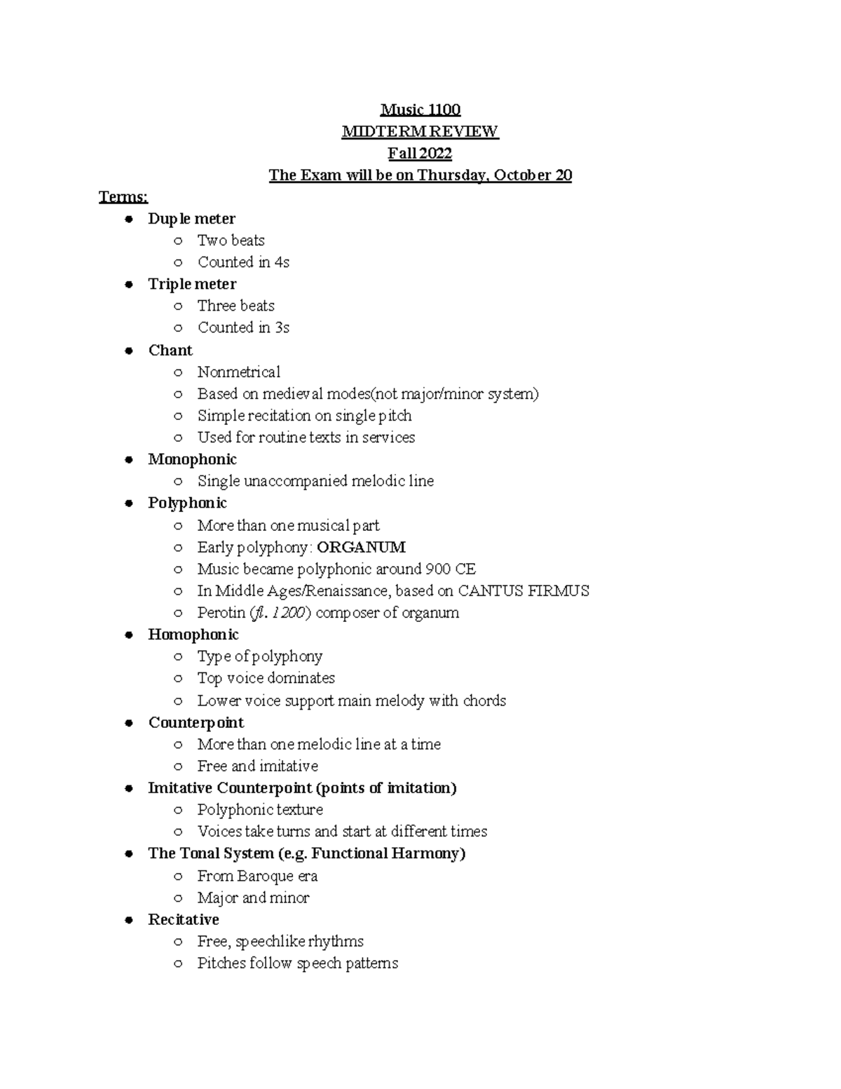 Midterm Review Sheet - Music 1100 MIDTERM REVIEW Fall 2022 The Exam ...