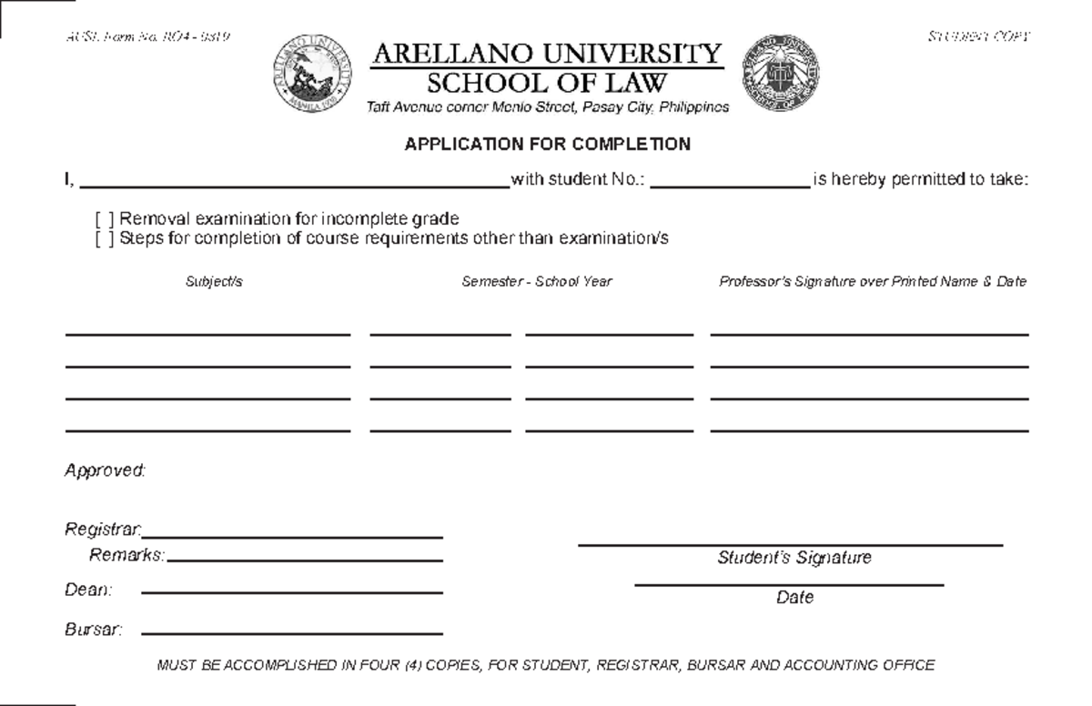 AUSL Application for Removals Form No. 4 - Subject/s Semester ...