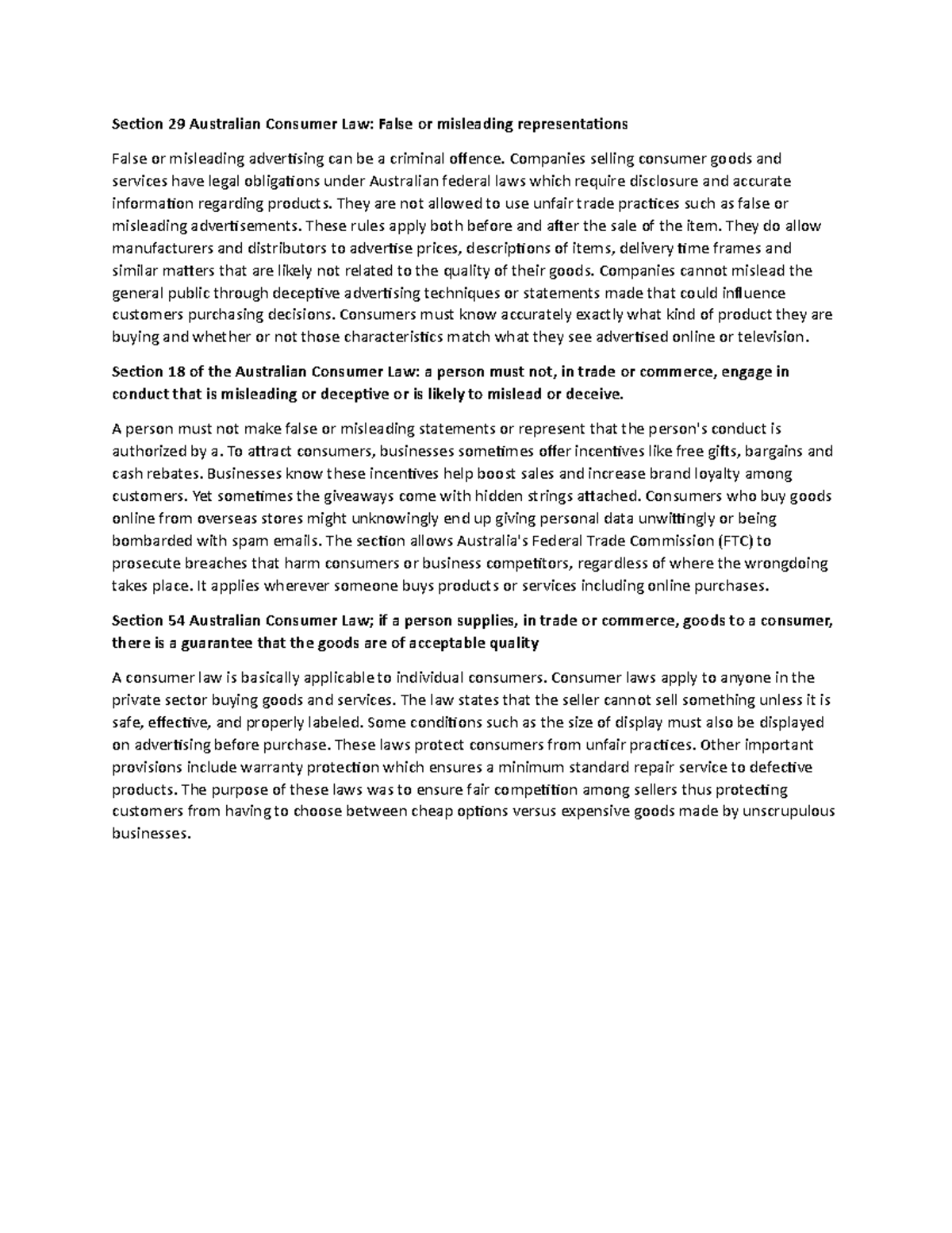 Section 29 Australian Consumer Law - corporate law - Studocu