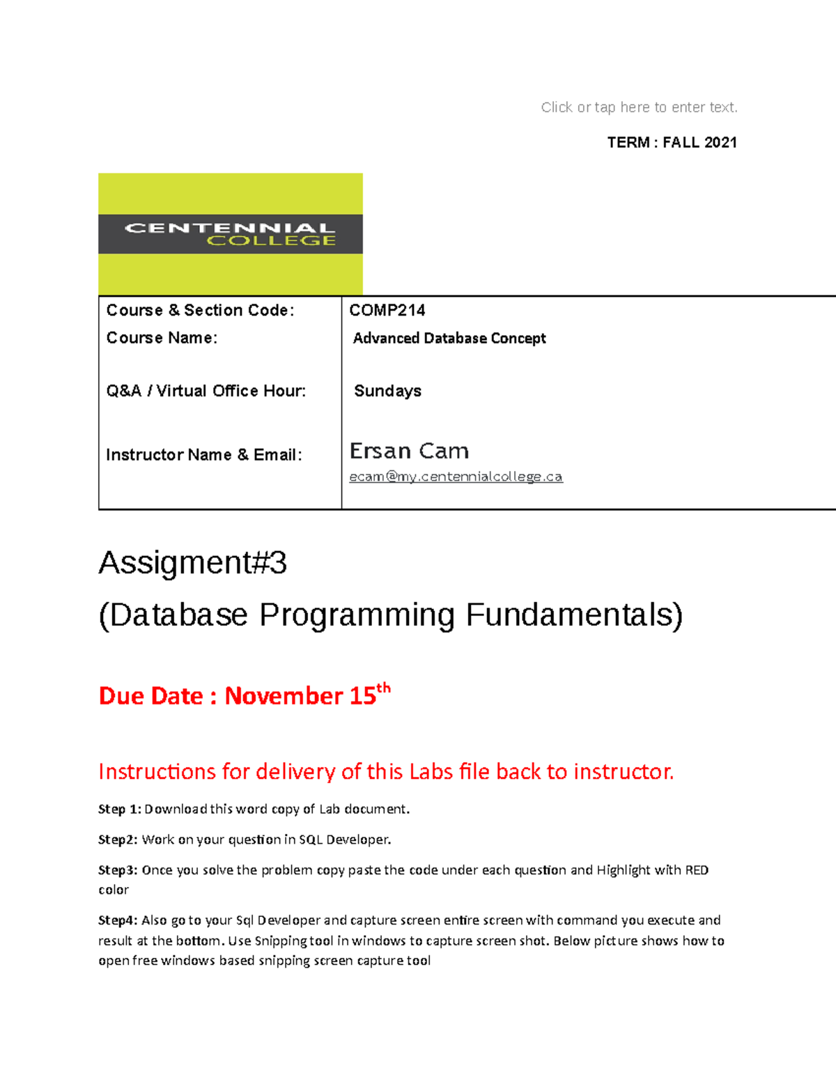 Assignment 3 - Click or tap here to enter text. TERM : FALL 2021 Assigment# (Database ...