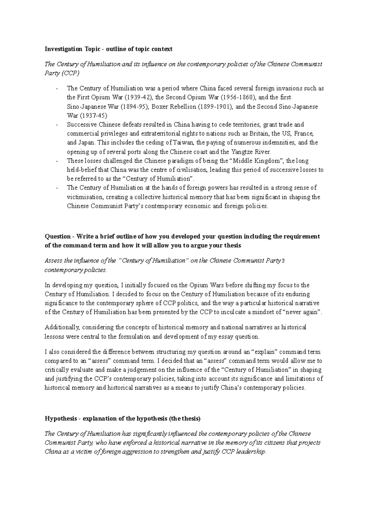 Presentation - Century of Humiliation - Investigation Topic - outline ...