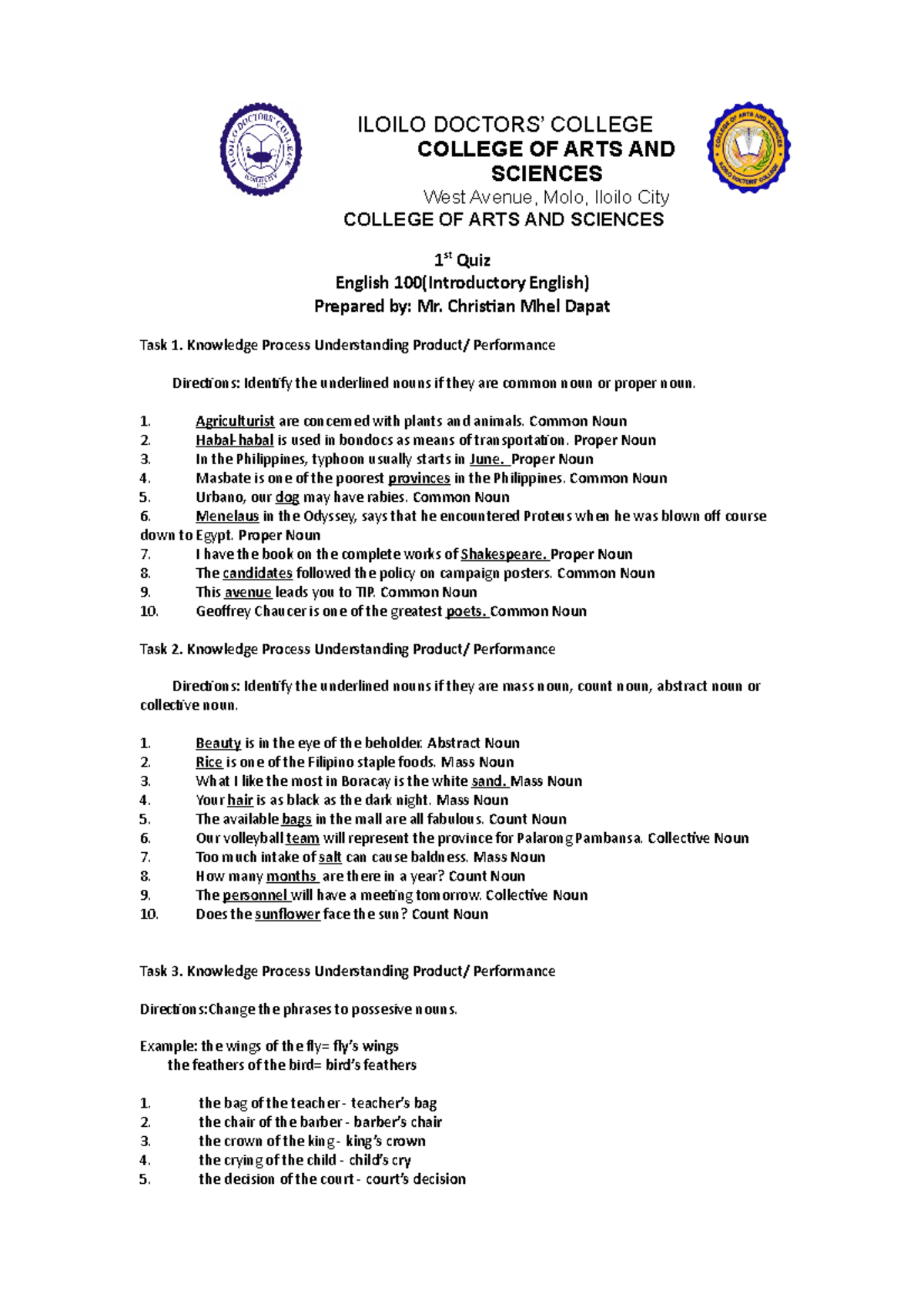 1st quiz NOUN - hey - ILOILO DOCTORS’ COLLEGE COLLEGE OF ARTS AND ...