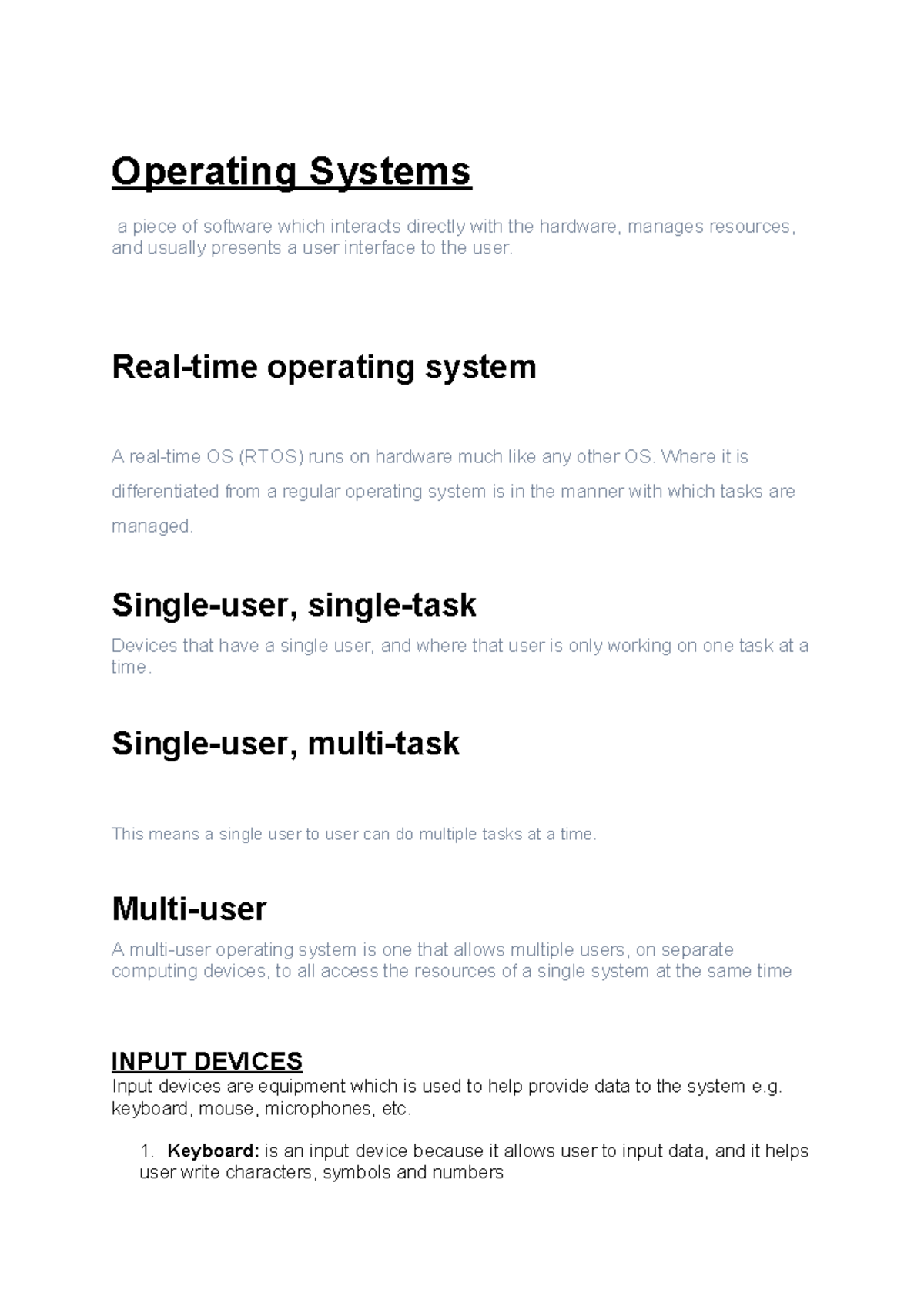 Operating Systems - notes - Operating Systems a piece of software which ...