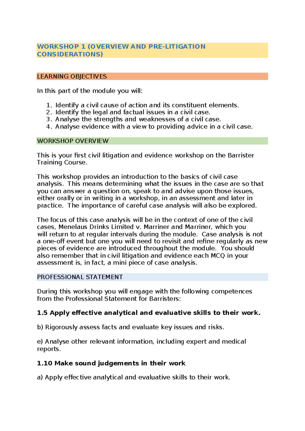 Civil Litigiation and Evidence- Syllabus - WORKSHOP 1 (OVERVIEW AND PRE ...