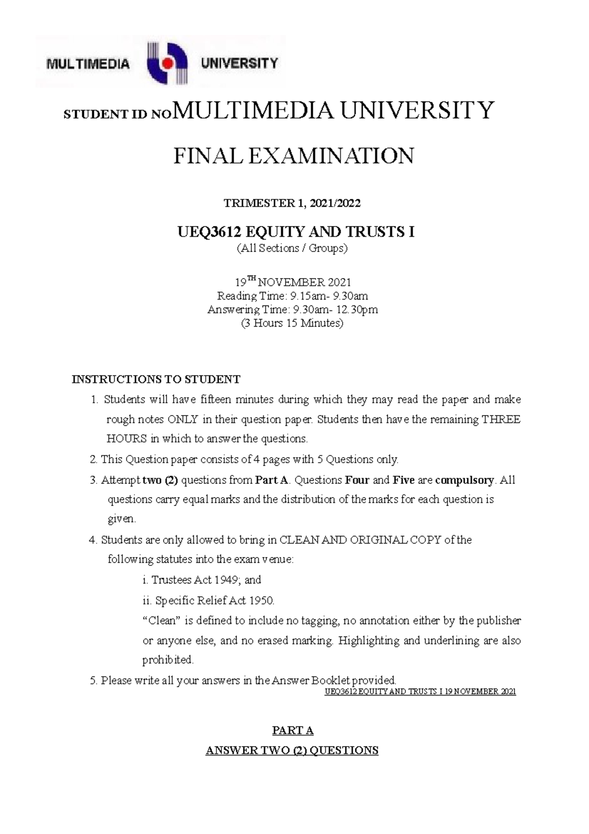 Final EXAM Question Paper Equity AND Trusts I UEQ3612 - Equity and ...