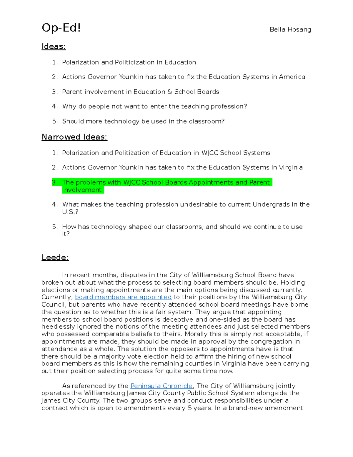 OP-ED;Ideas - A discussion post on current op-eds that relate to the ...