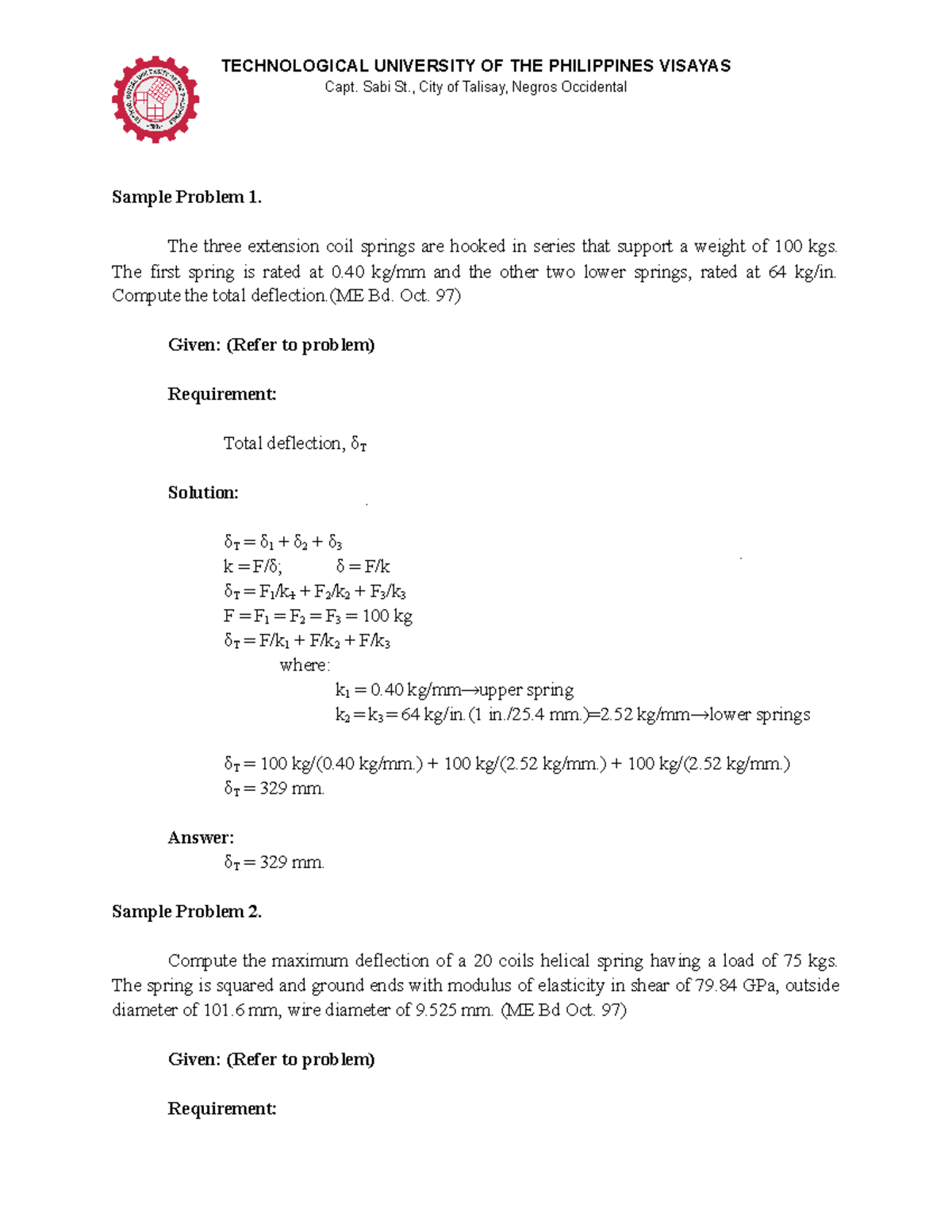 PME 415 Sample Problems - TECHNOLOGICAL UNIVERSITY OF THE PHILIPPINES ...