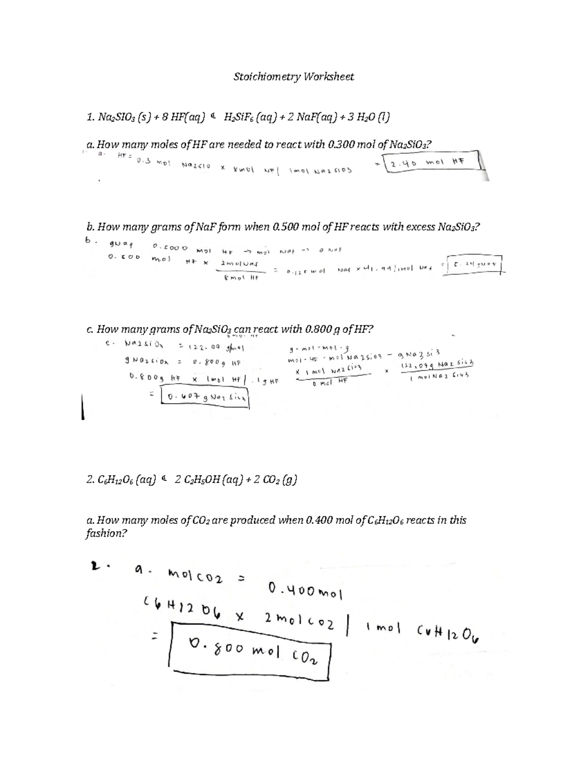 Stoichiometry Activity - Stoichiometry Worksheet Na 2 SIO 3 (s) + 8 HF ...