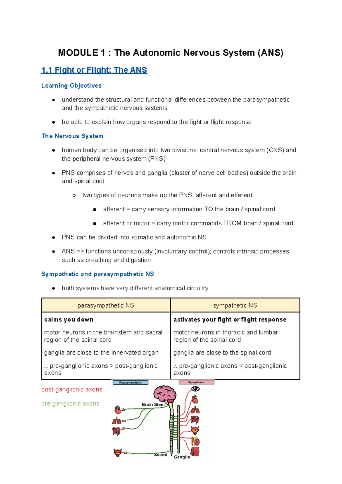 Module 1 - The Autonomic Nervous System - notes - MODULE 1 : The ...