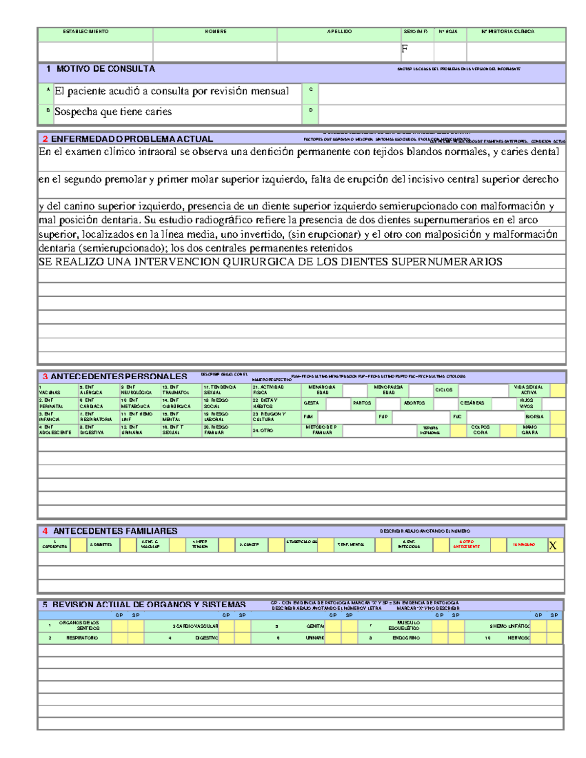 Formulario 003 MSP-HC - ESTABLECIMIENTO NOMBRE APELLIDO SEXO (M-F) N° HOJA N° HISTORIA CLÍNICA F ...