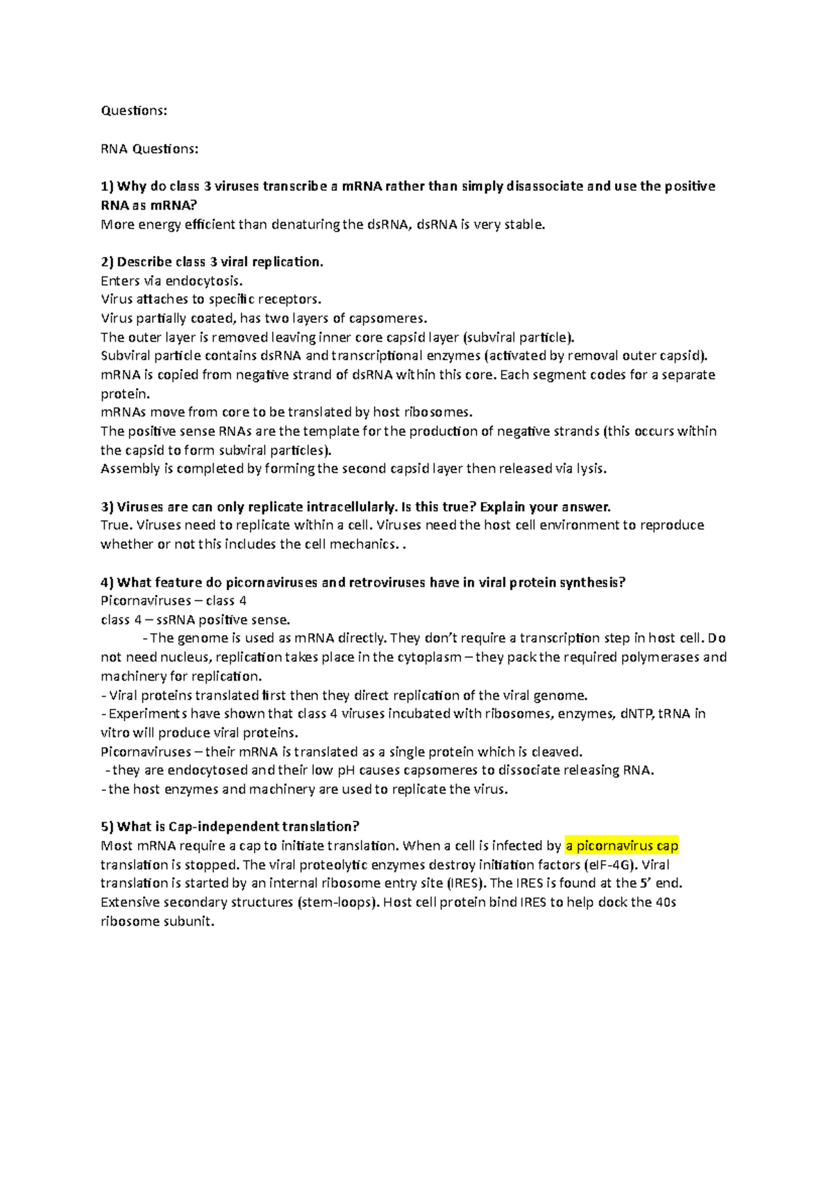 Practical - revision questions on virology - Questions: RNA Questions ...