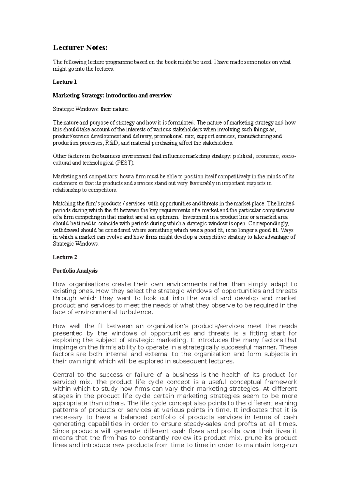 Lecturer Notes - Lecturer Notes: The following lecture programme based ...