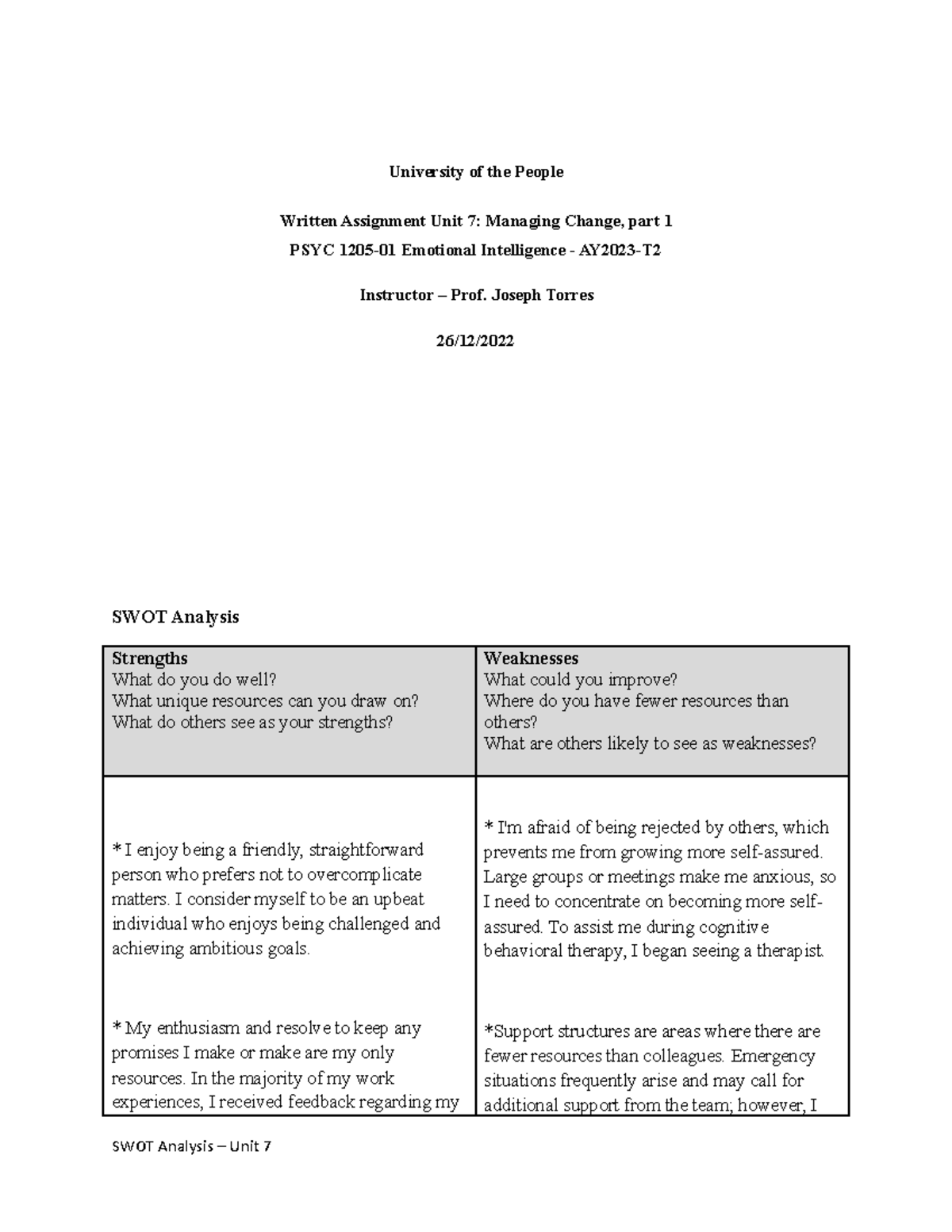 SWOT Analysis Worksheet - University of the People Written Assignment Unit 7: Managing Change ...