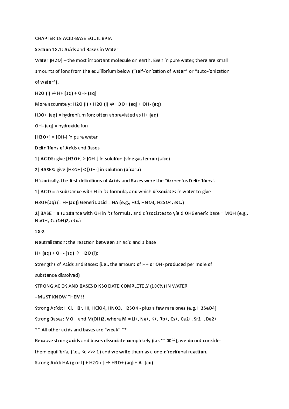 Chem notes - CHAPTER 18 ACID-BASE EQUILIBRIA Section 18: Acids and ...