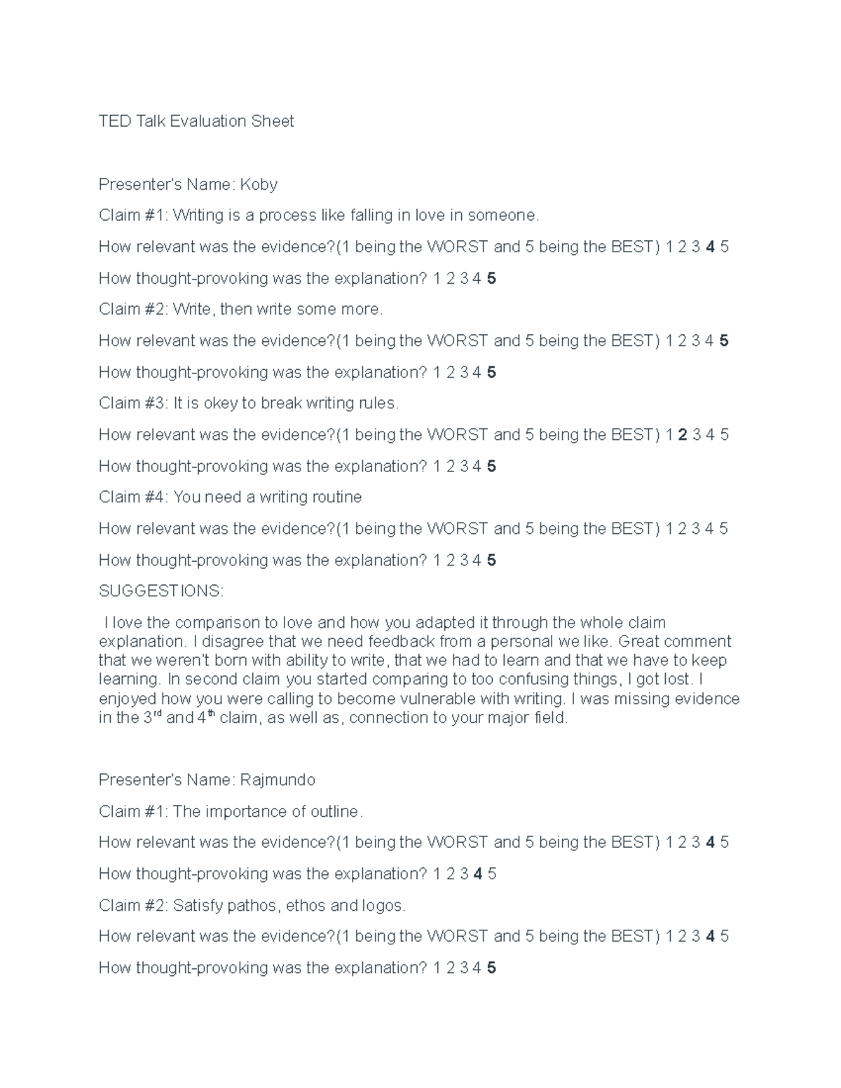 TED Talk Evaluation Sheet 4 - TED Talk Evaluation Sheet Presenter’s ...