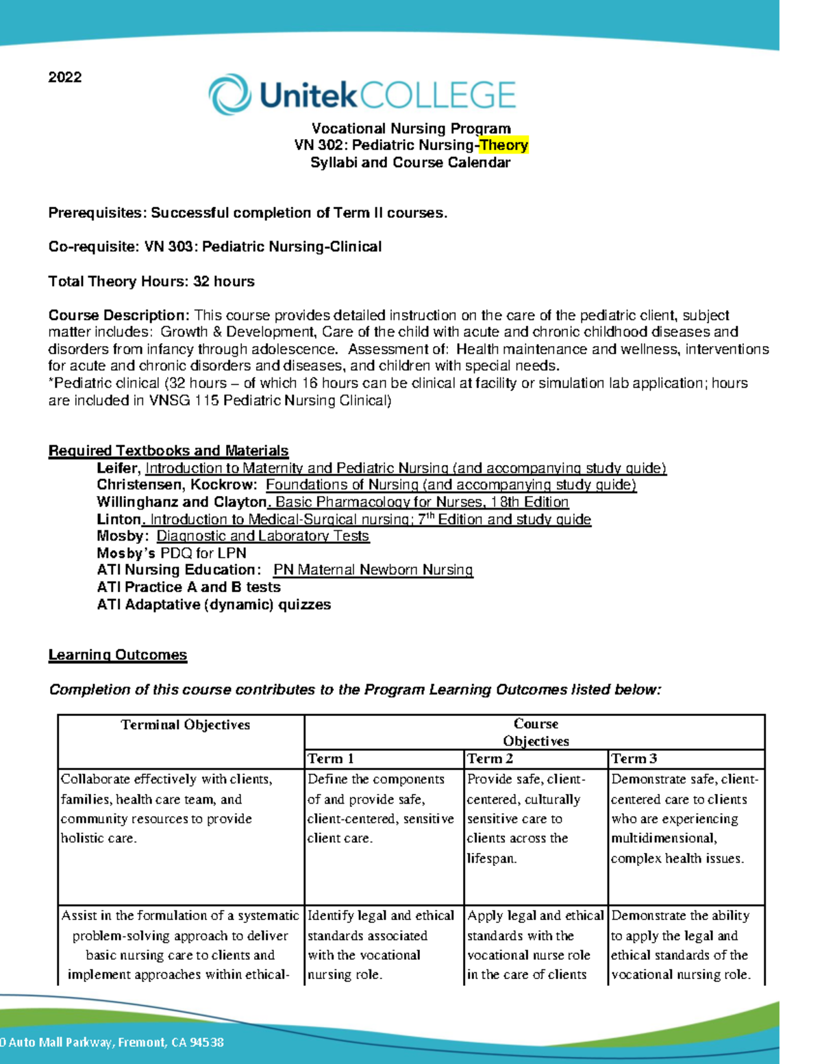 Sac 9 PED Theory Syllabi 2022 - 2022 Vocational Nursing Program VN 302 ...