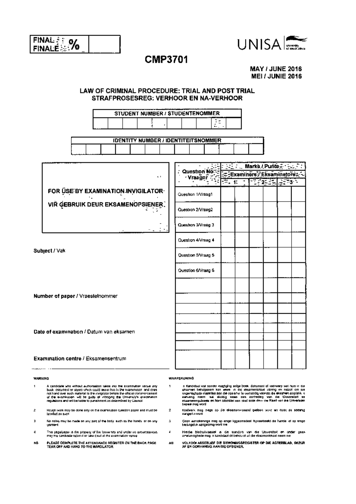 CMP June 2016 - CPR3701 - Studocu