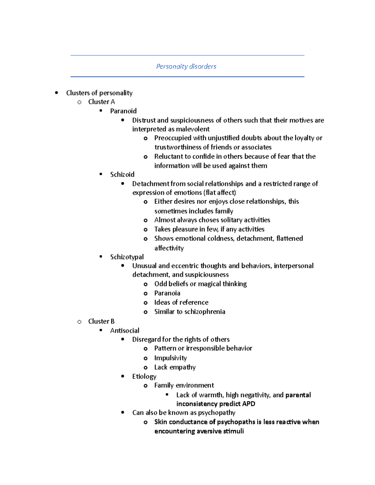 Final exam - Lecture notes 1-15 - Personaity disorders Clusters of ...