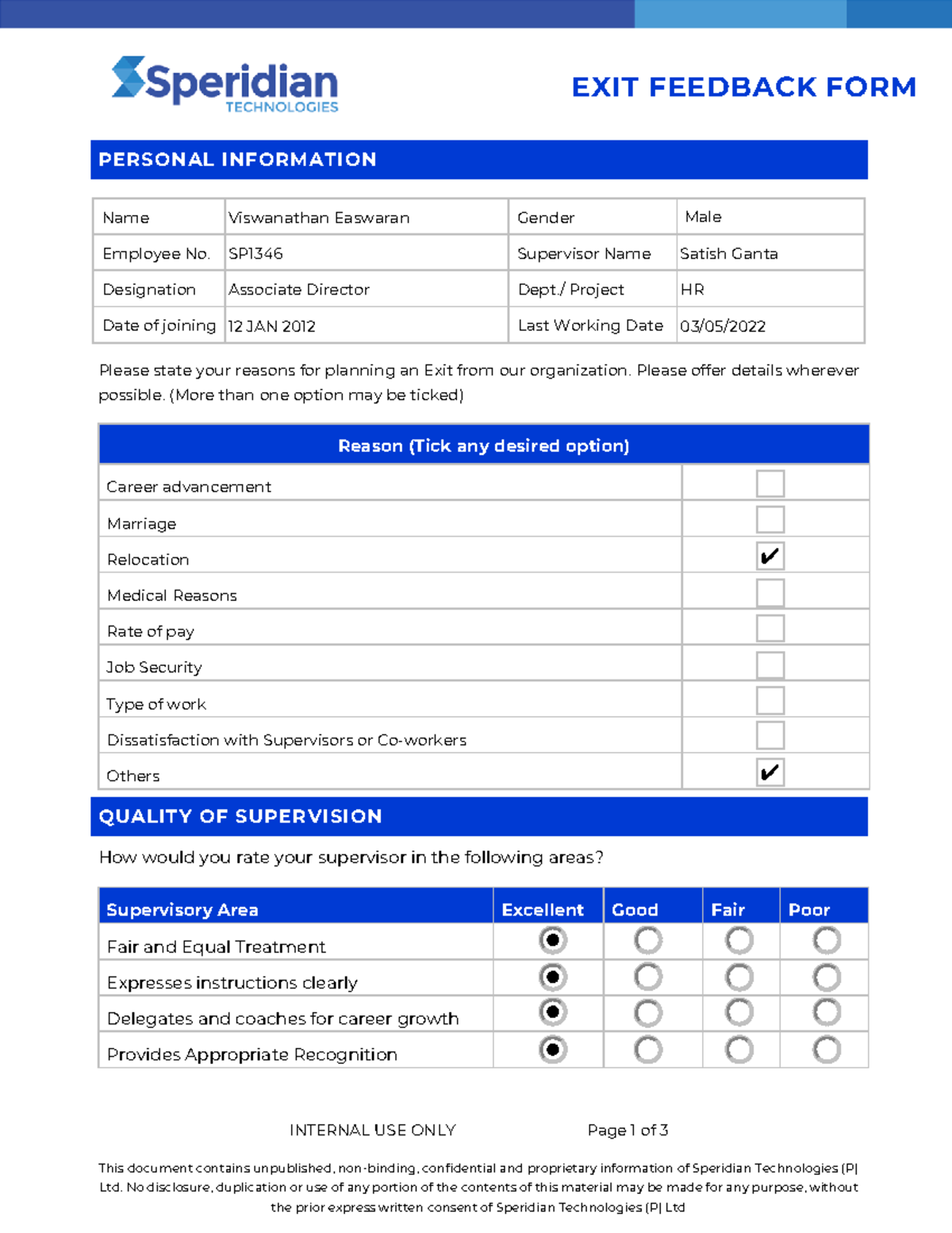 Exit Feedback Form - this is used for verfication - INTERNAL USE ONLY ...