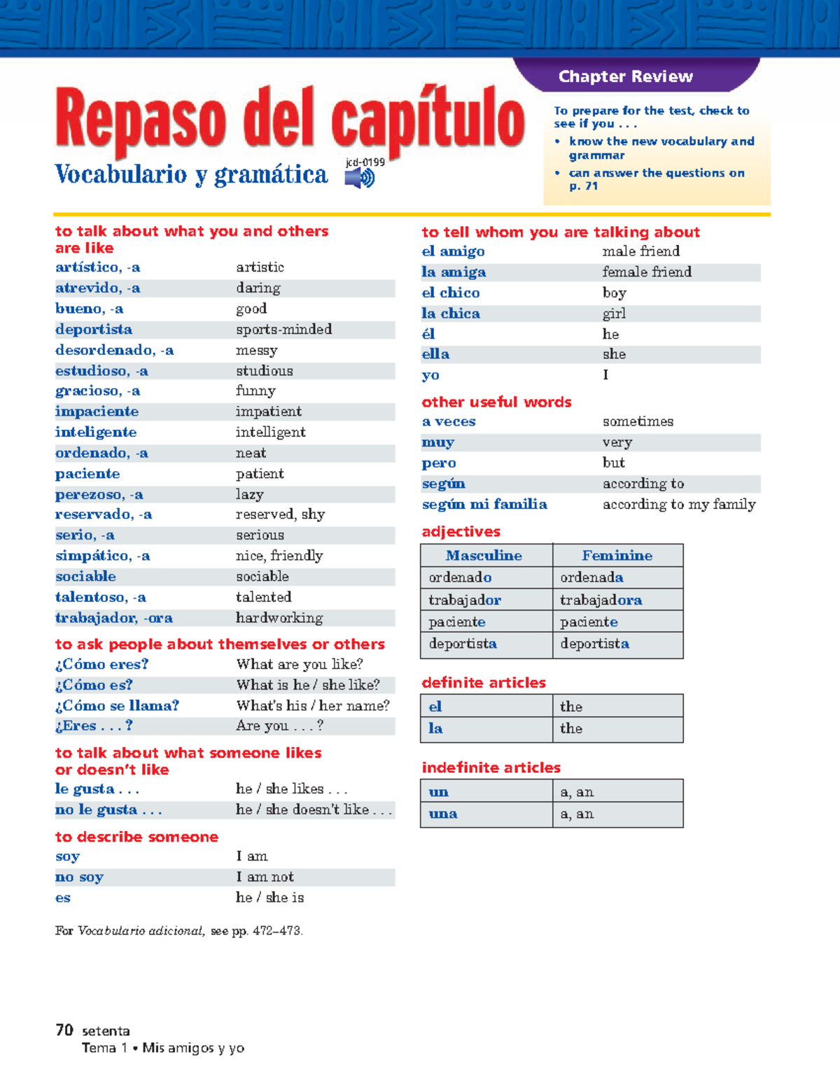Spanish 1 Cap tulo 1B Repaso Adjectives Describing People s
