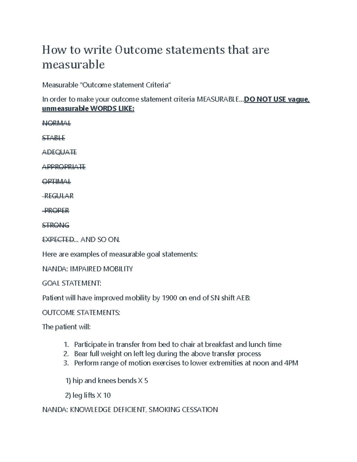 Clinical Sheets - How to write Outcome statements that are measurable Measurable “Outcome ...