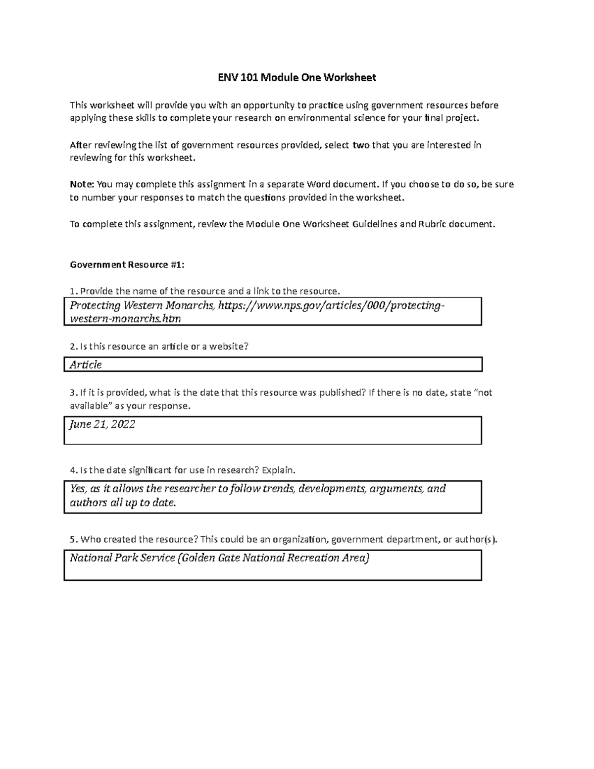 ENV 101 Module One Worksheet - ENV 101 Module One Worksheet This ...