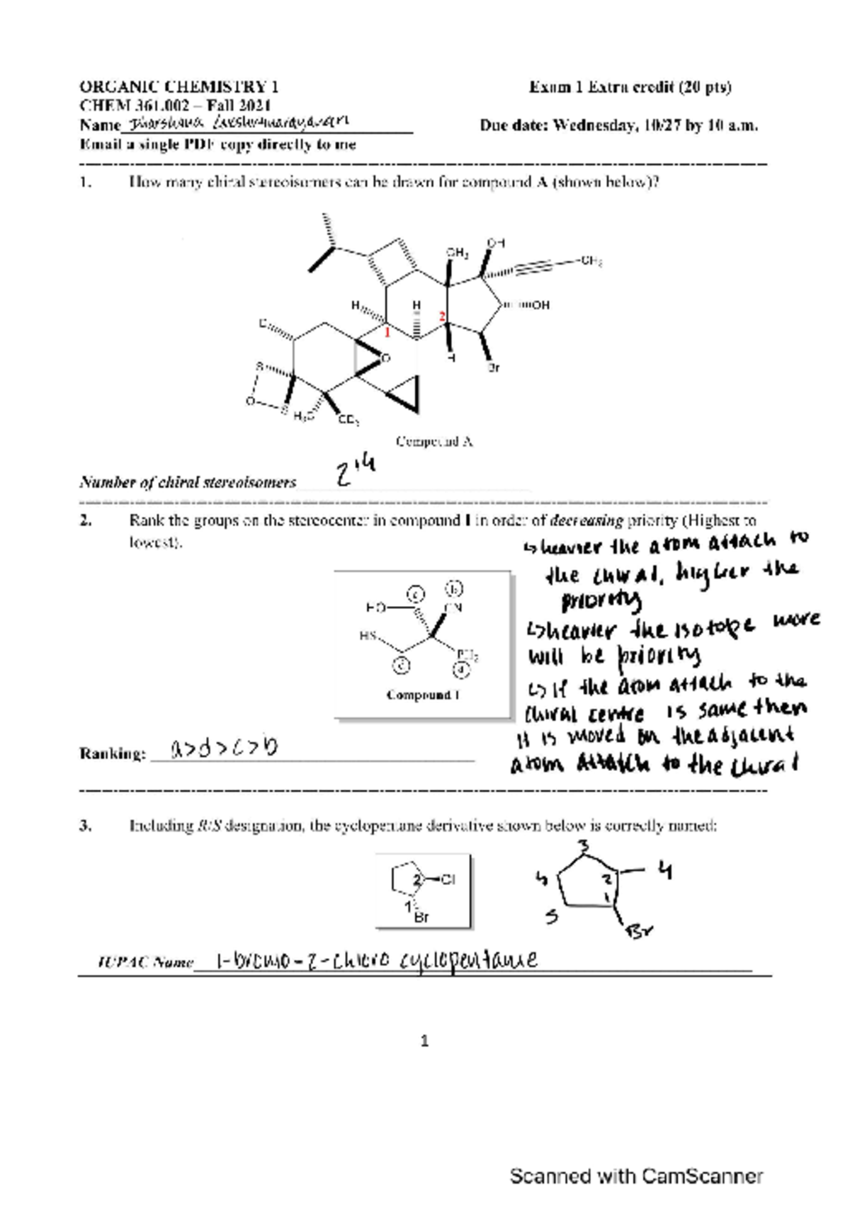 CHEM361 Exam1 extracredit Fall2021 Beng - CHEM 361 - CWU - Studocu