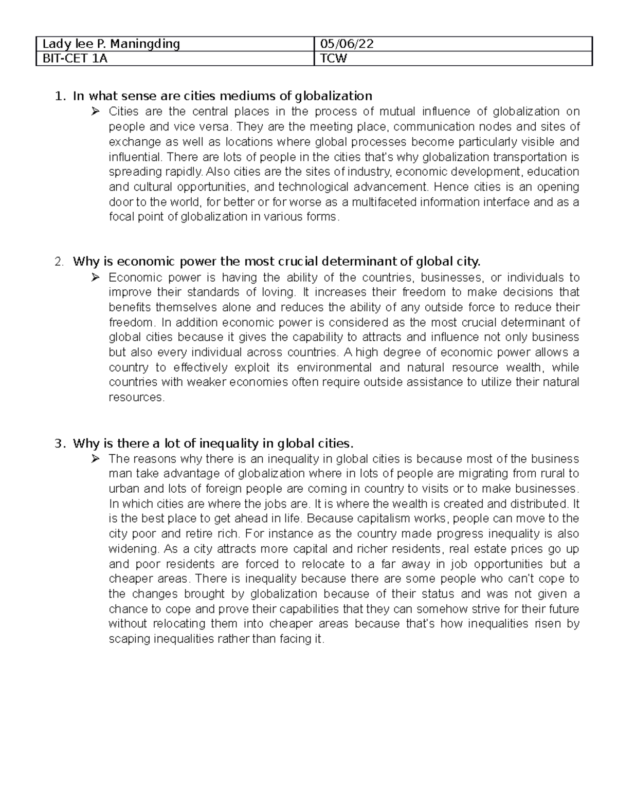 Globalization - Lady lee P. Maningding 05/06/ BIT-CET 1A TCW In what ...