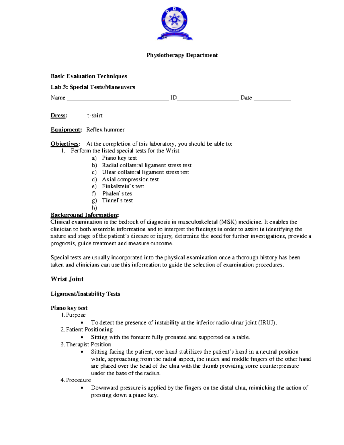 Lab 3 basic evaluation - Physiotherapy Department Basic Evaluation ...