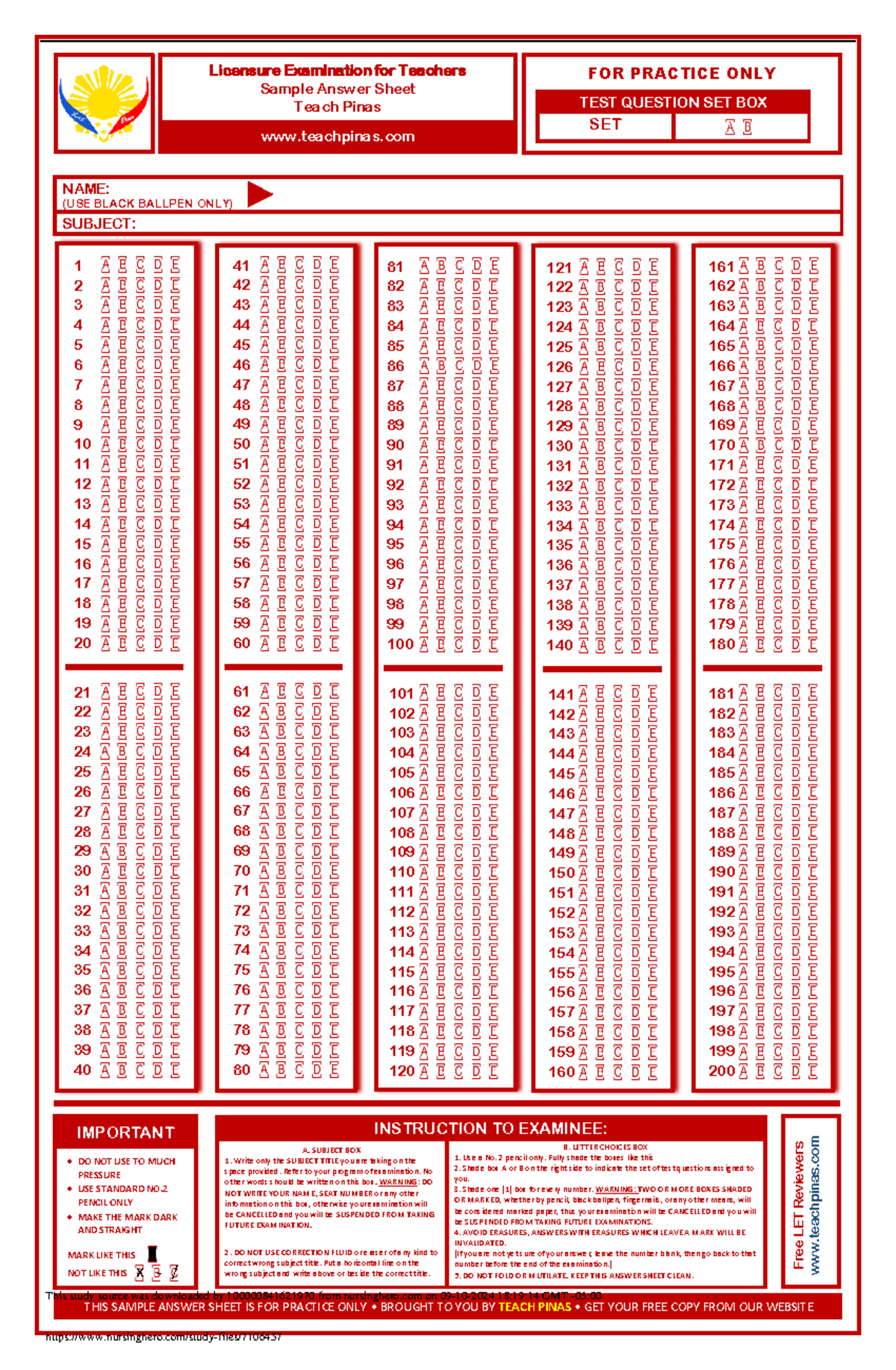LET Answer Sheet 20 - NAME: (USE BLACK BALLPEN ONLY) SUBJECT ...