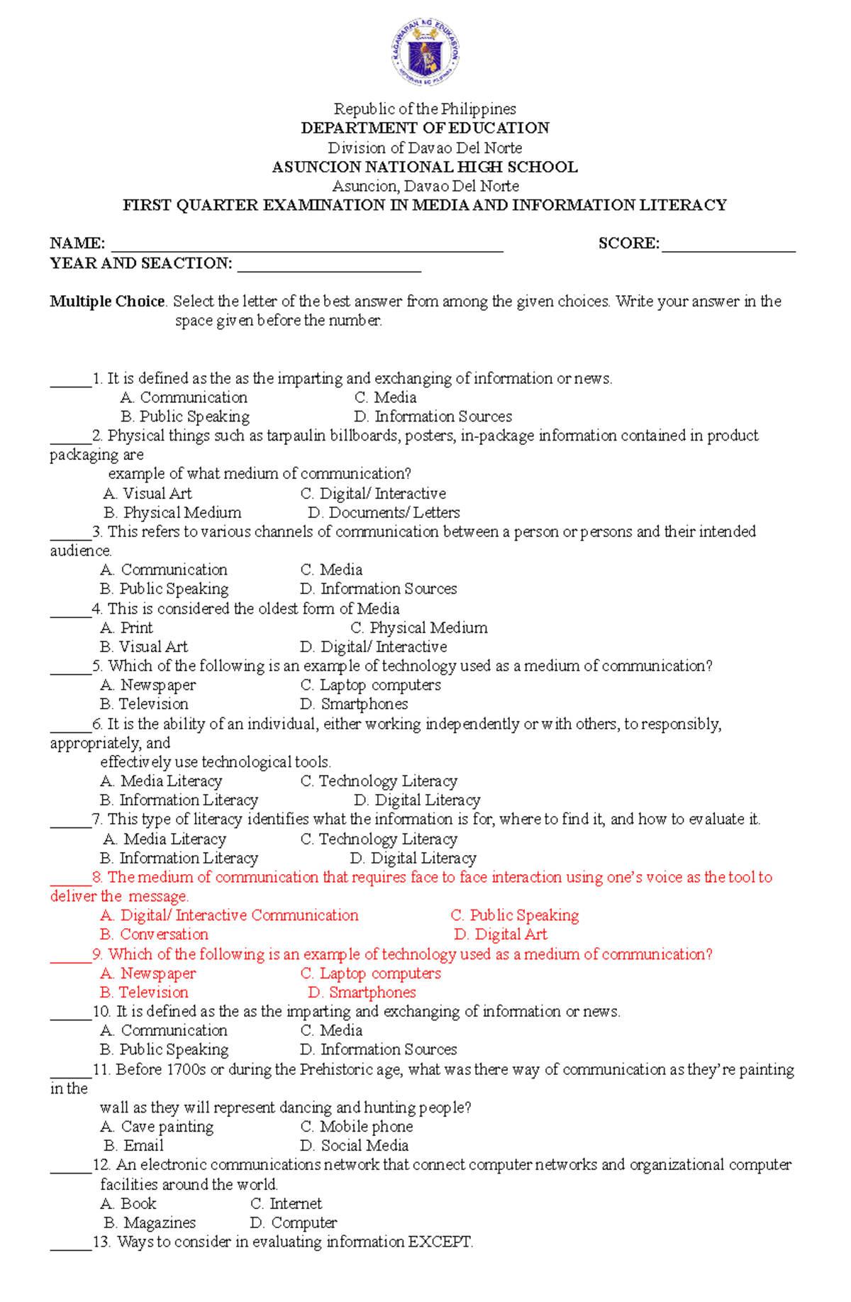 1ST Quarter EXAM MIL - cpar - Republic of the Philippines DEPARTMENT OF ...