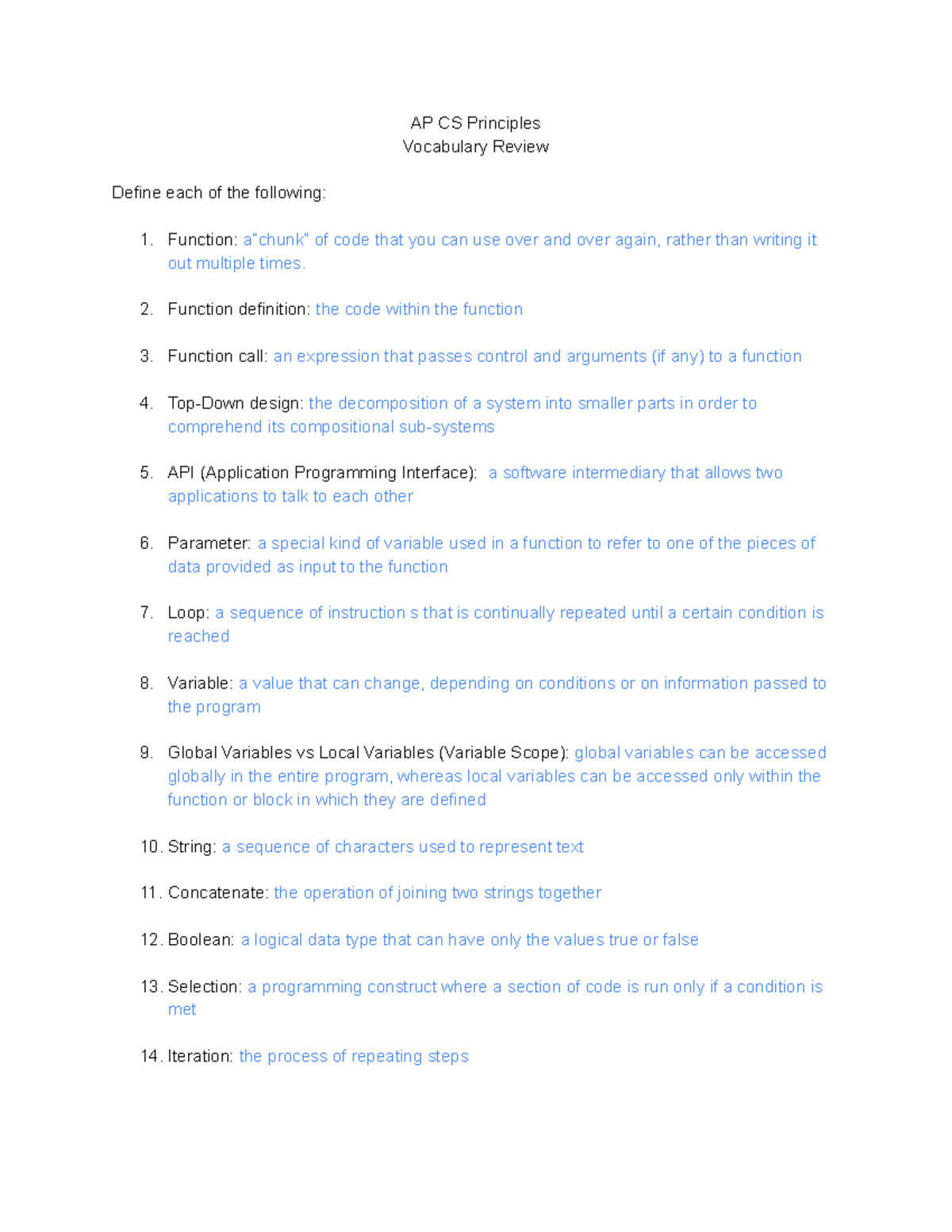 Unit 9 Test Solutions - AP CS Principles Vocabulary Review Define each ...