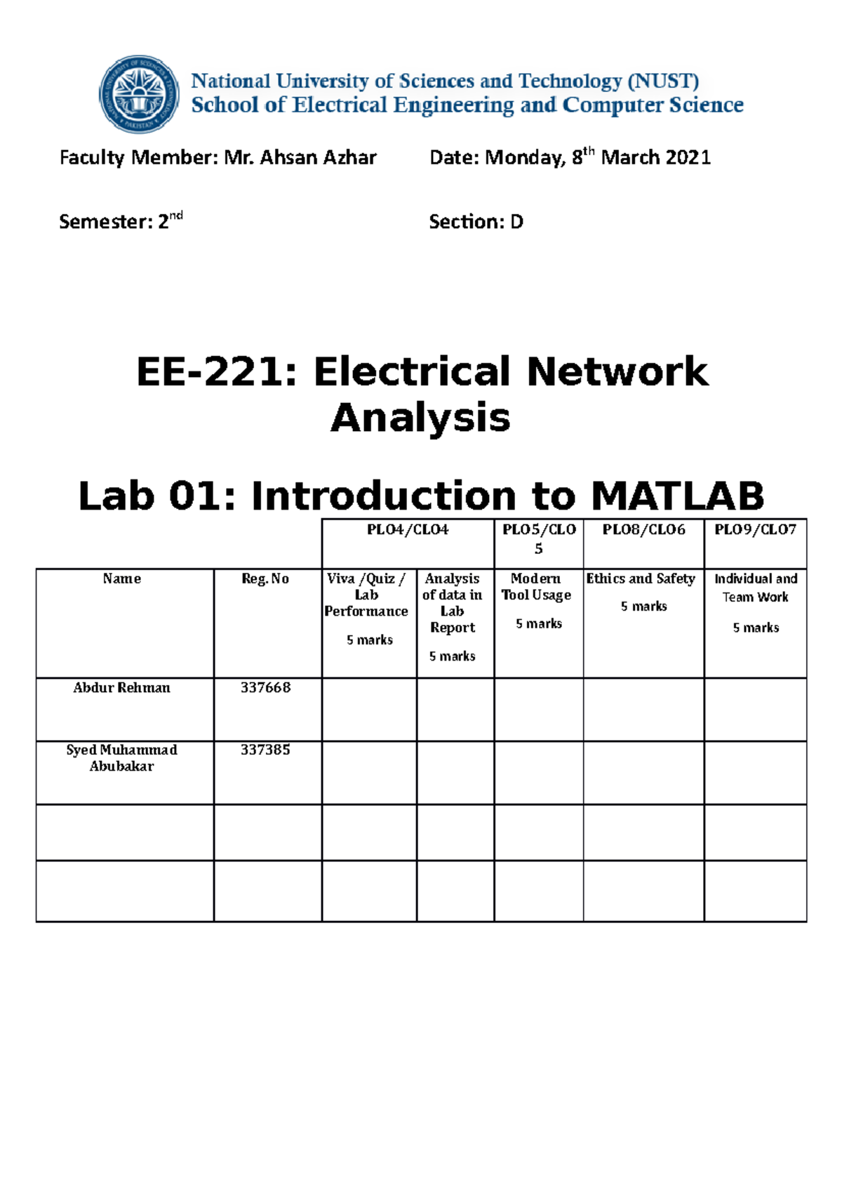 ENA LAB 01 - electrical network analysis lab reports - Faculty Member: Mr. Ahsan Azhar Date ...