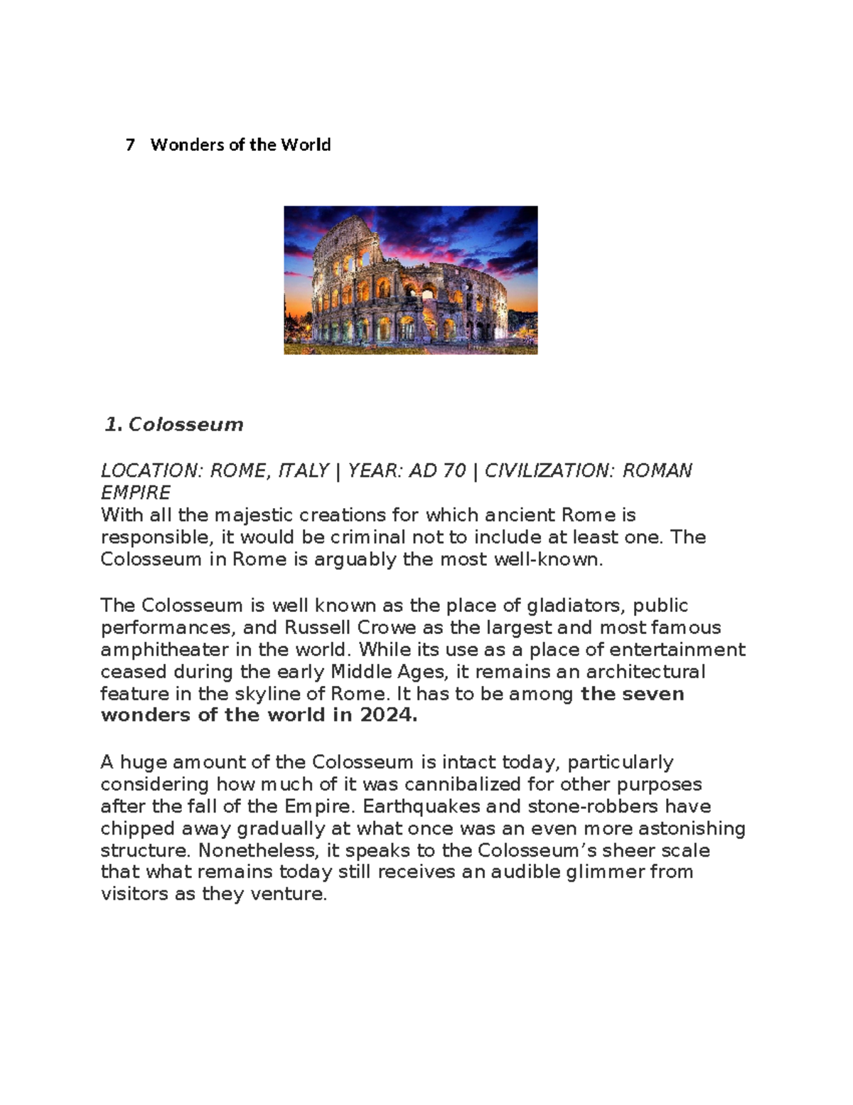 Wonders of the World - Colosseum LOCATION: ROME, ITALY | YEAR: AD 70 ...