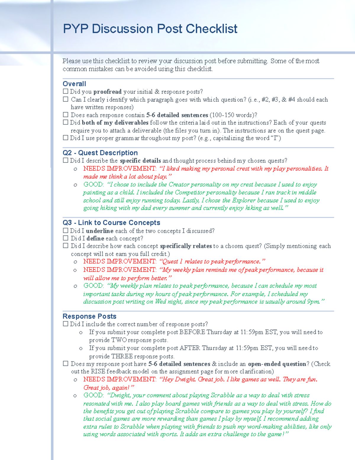Moyer PYPDiscussion Post Checklist - PYP Discussion Post Checklist ...