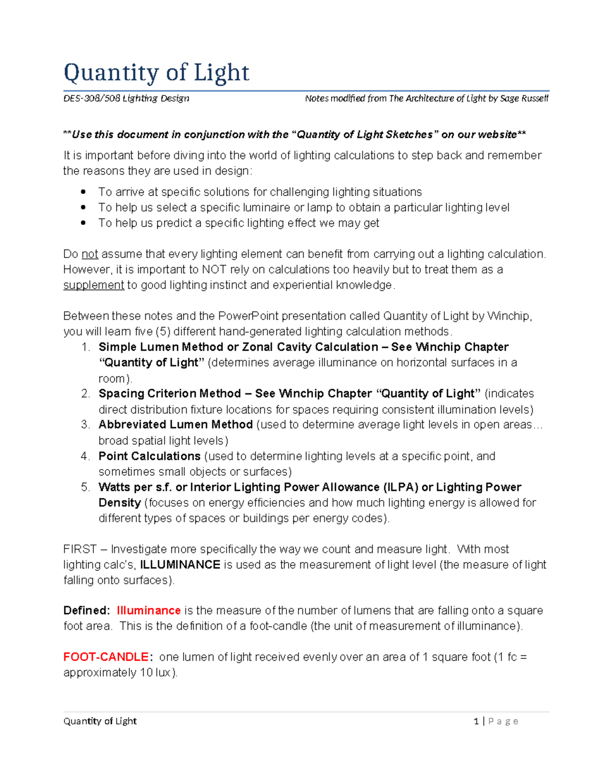 Quantity of Light notes - Quantity of Light DES-308/508 Lighting Design ...