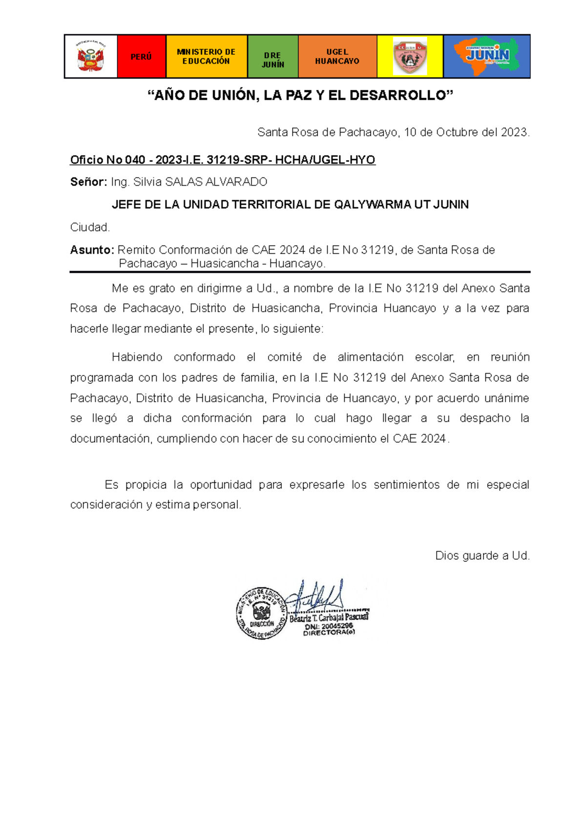 Oficio DE conformacion de cae 2024 - PERÚ MINISTERIO DE EDUCACIÓN DRE ...