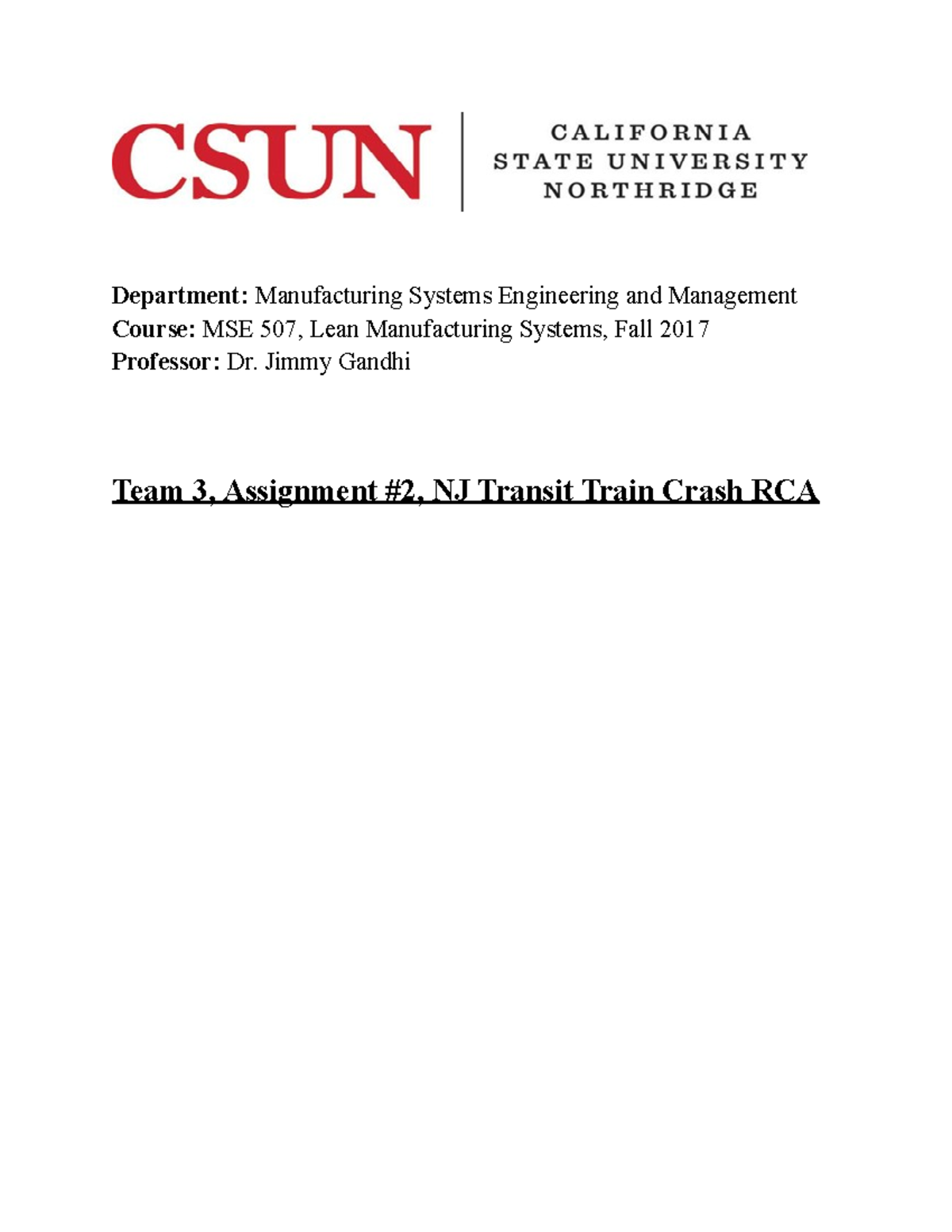 MSE 507 Group 3 Assignment 2 - Department: Manufacturing Systems ...
