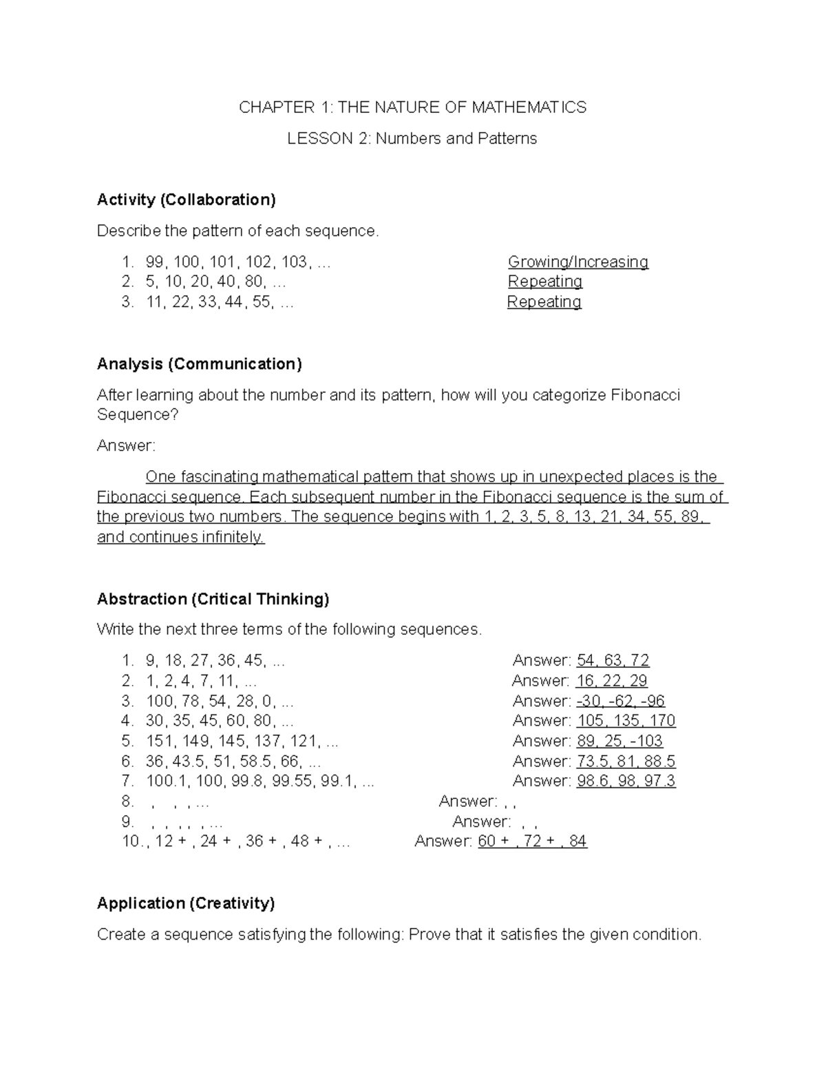 Chapter 1 Lesson 2 Numbers and Patterns - CHAPTER 1: THE NATURE OF ...