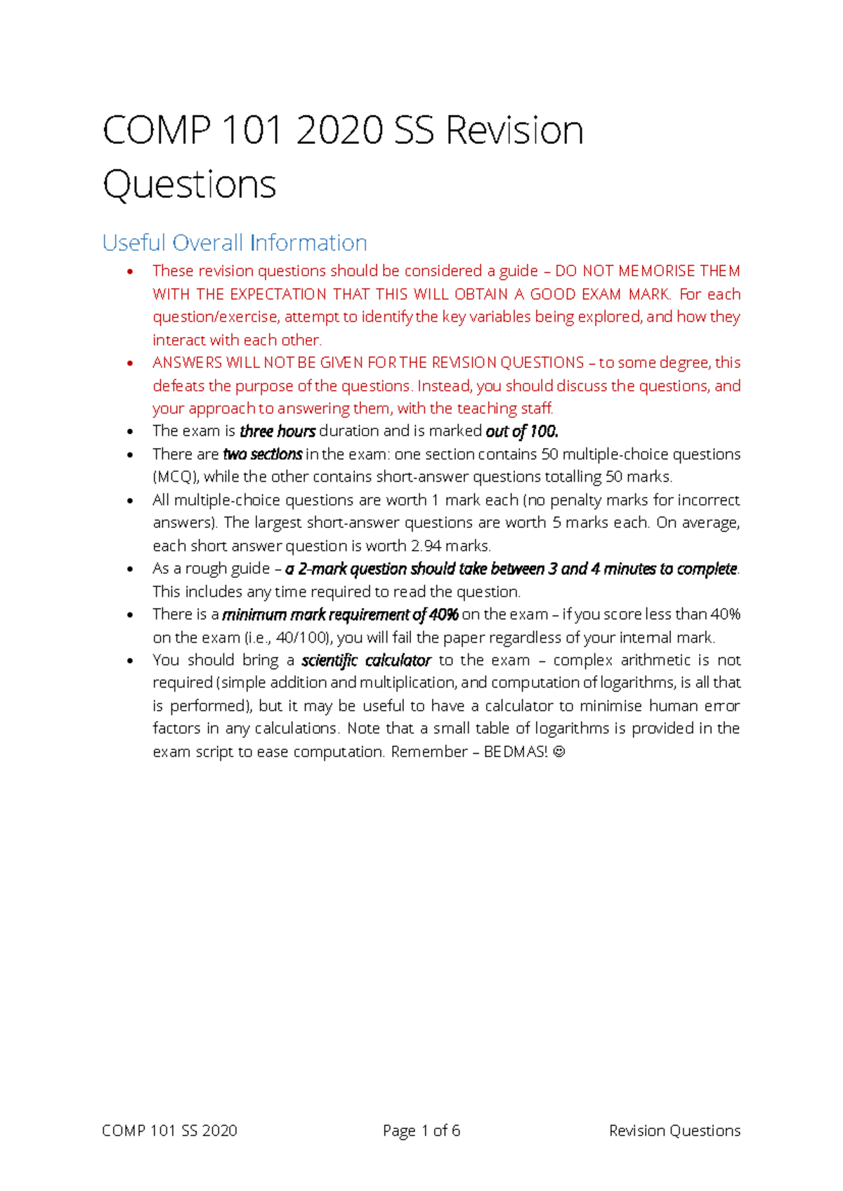 Comp101 revision 2020 ss - COMP 101 20 20 SS Revision Questions Useful ...