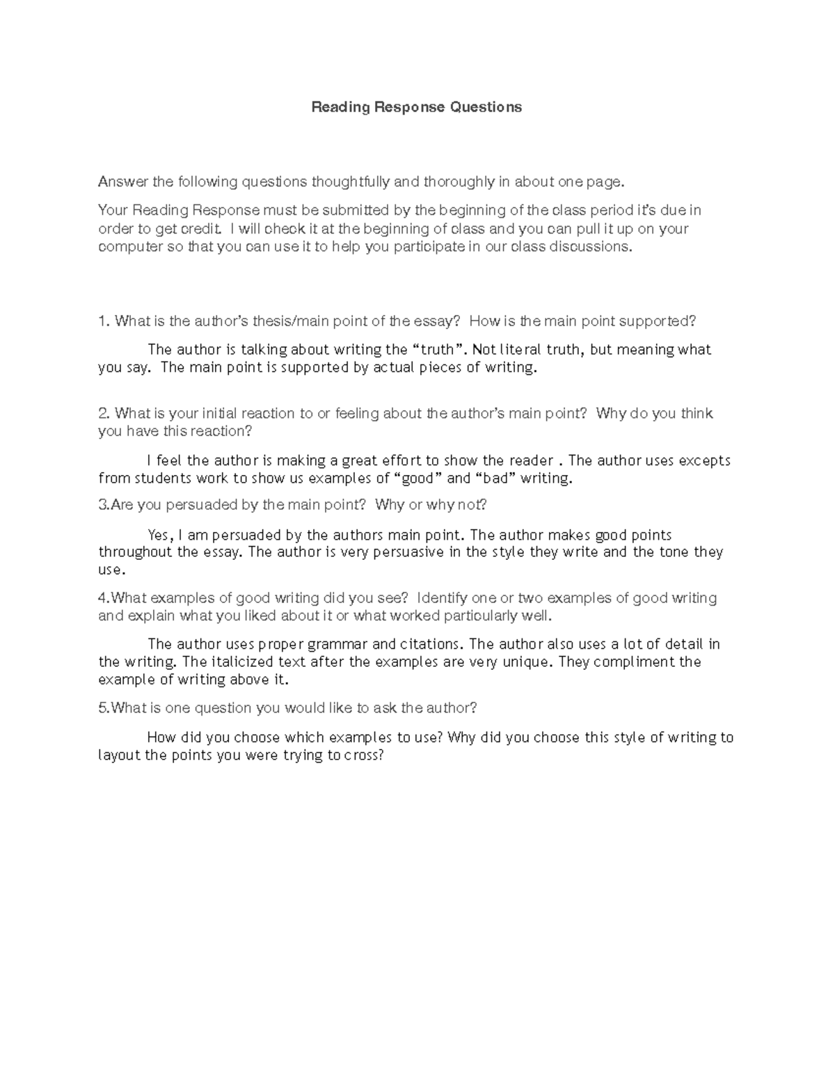 CW Reading Response 1 Finalpdf Reading Response Questions Answer The