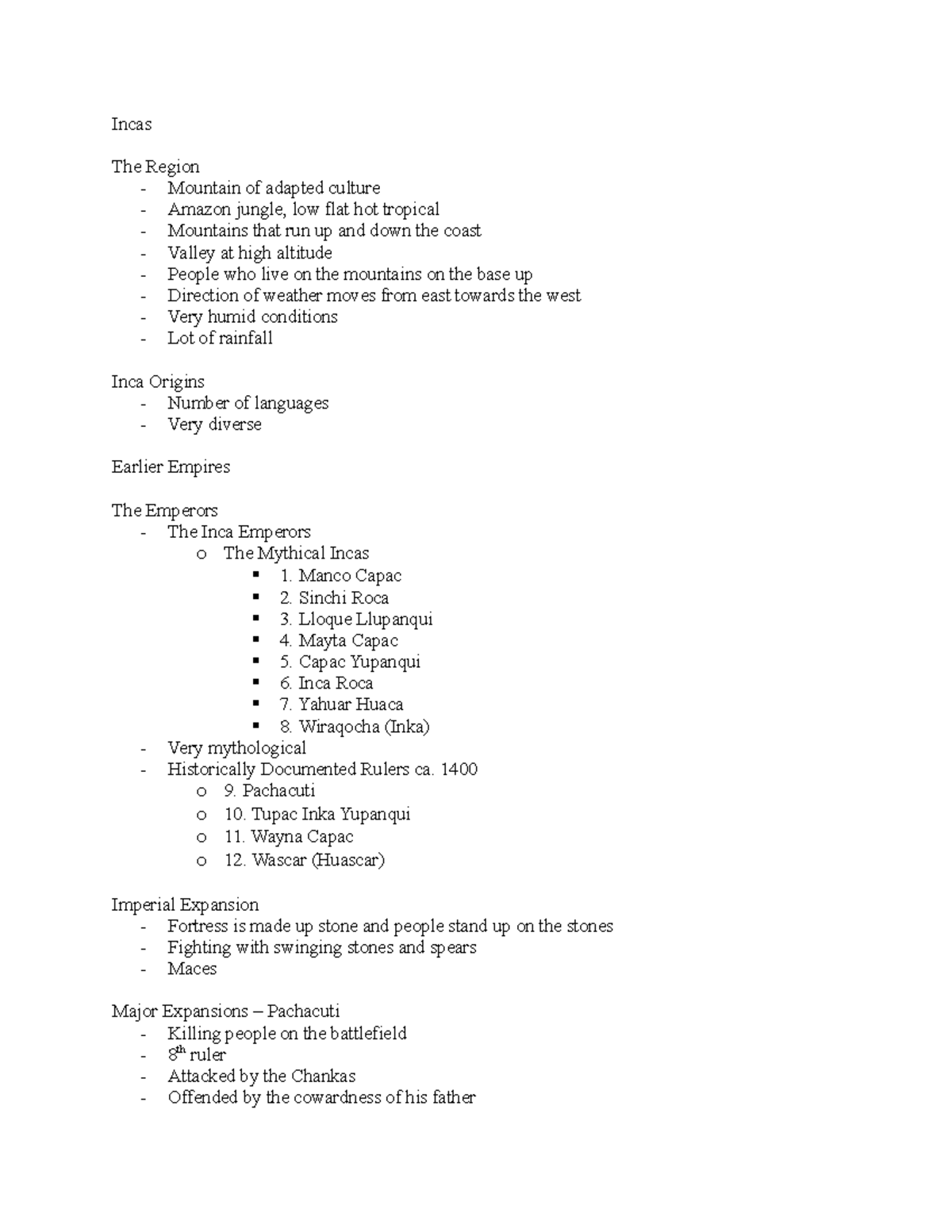 Incas Notes - Incas The Region Mountain of adapted culture Amazon ...