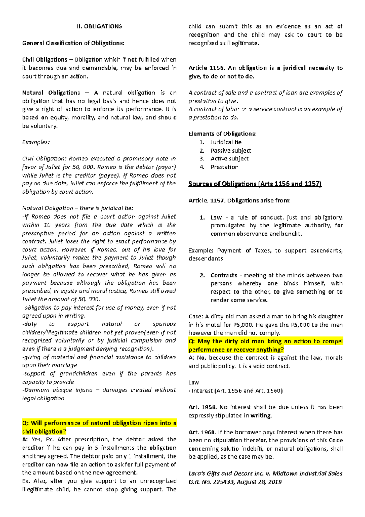 2 - asd - II. OBLIGATIONS General Classification of Obligations: Civil ...