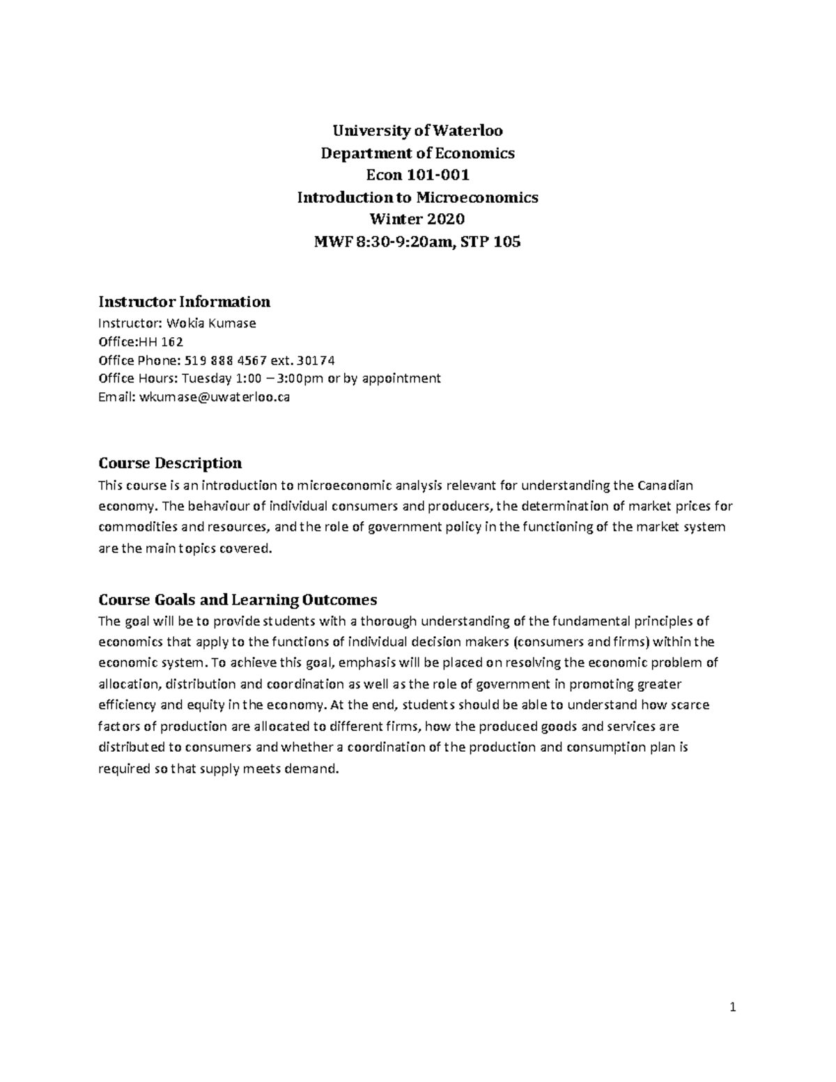 Econ101 Syllabus - University of Waterloo Department of Economics Econ ...