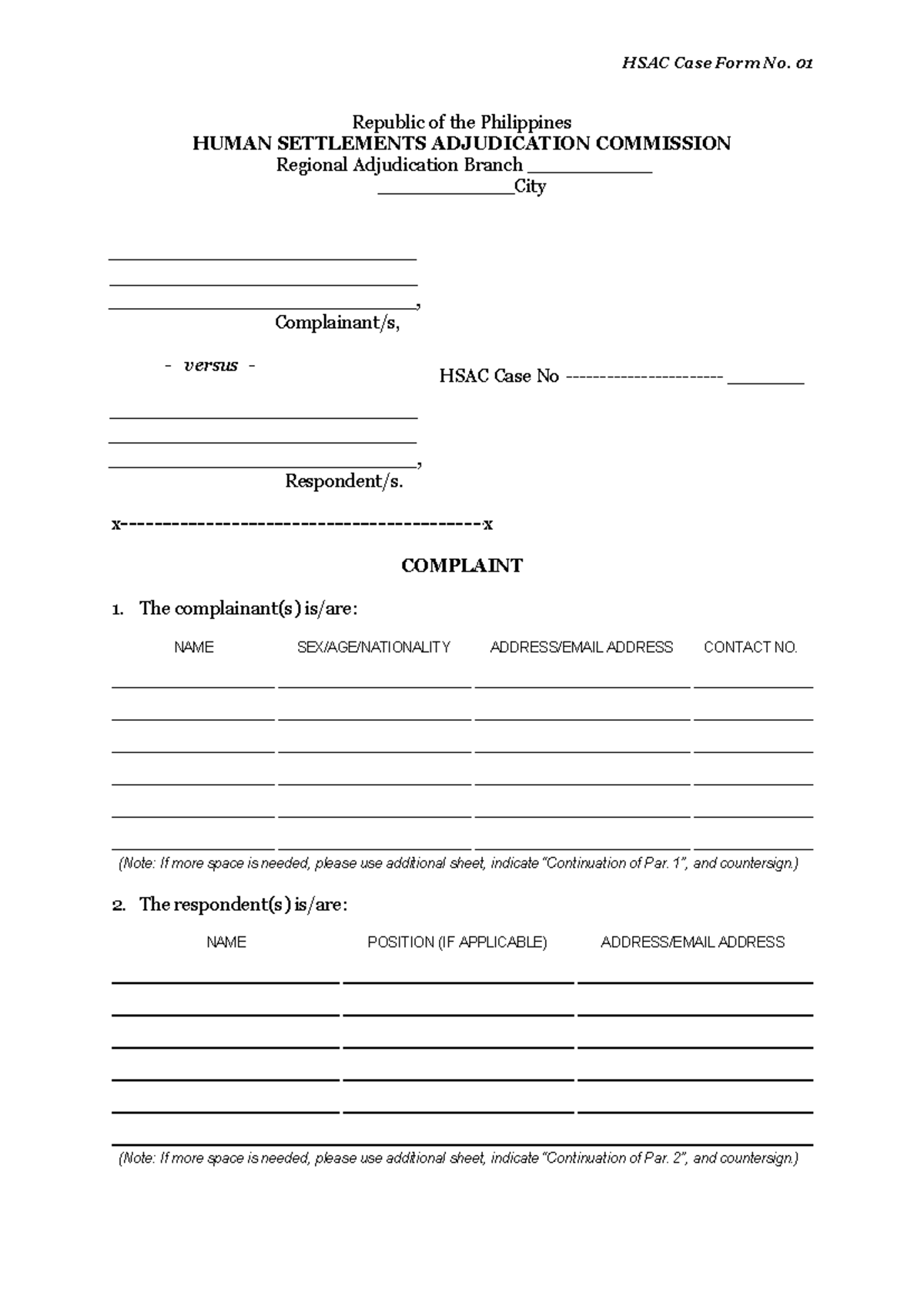 HSAC Case Form No - nothing - HSAC Case Form No. 01 Republic of the ...