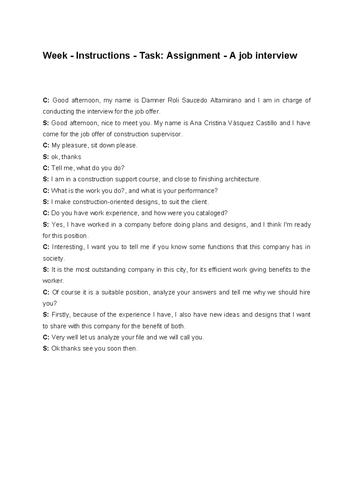 Week - Instructions - Task Assignment - A job interview - S: Good ...