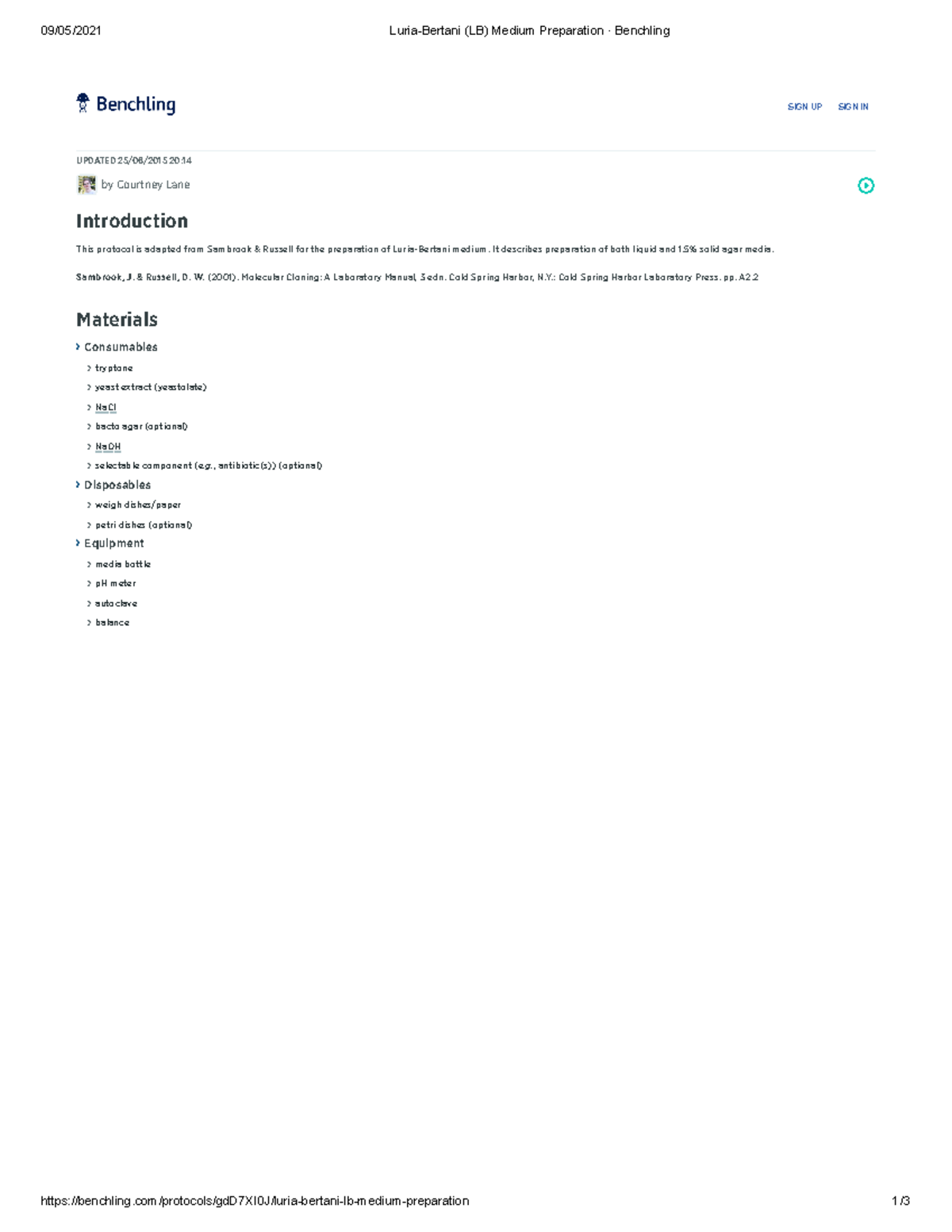 Luria-Bertani (LB) Medium Preparation · Benchling - 09/05/2021 Luria ...