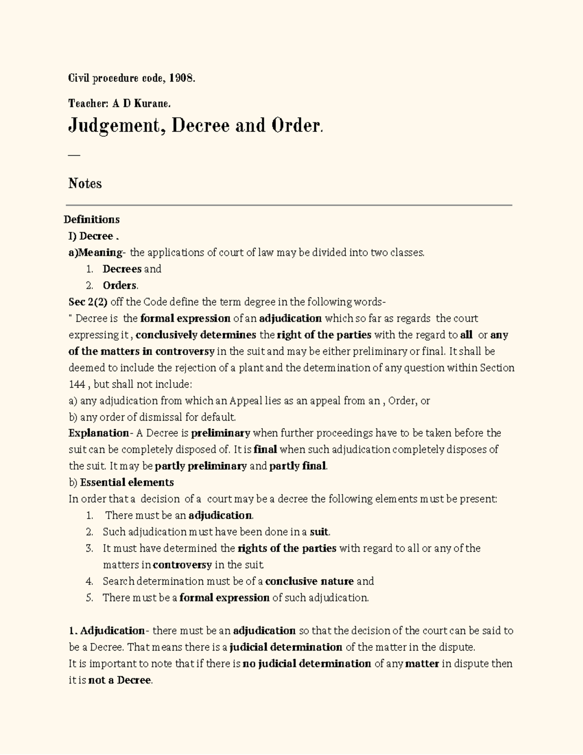 1. Judgment, Decree and Order 1 - Civil procedure code, 1908 . **Teacher: A D Kurane. ** - Studocu