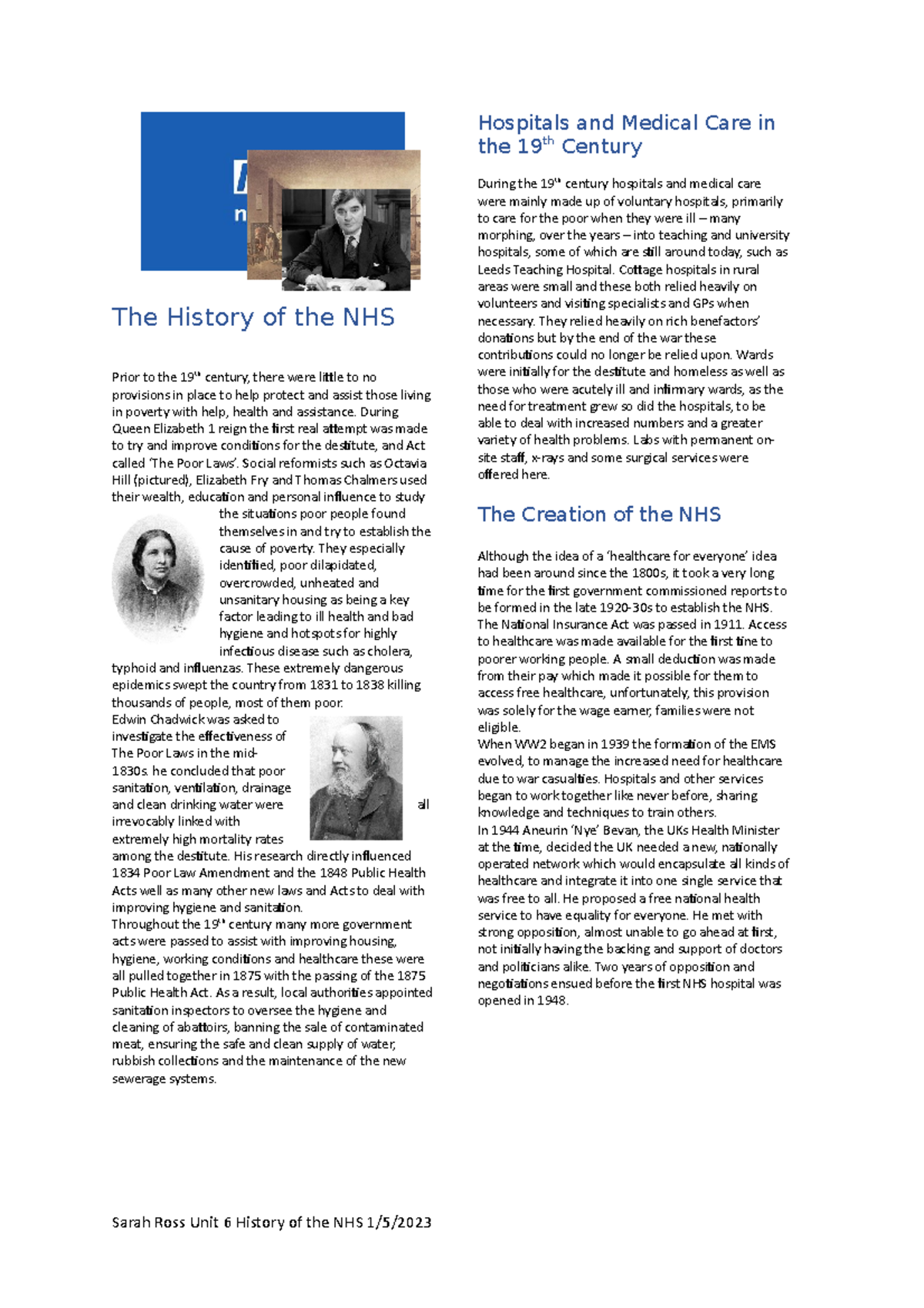 Unit 6 History of the NHS - The History of the NHS Prior to the 19th ...