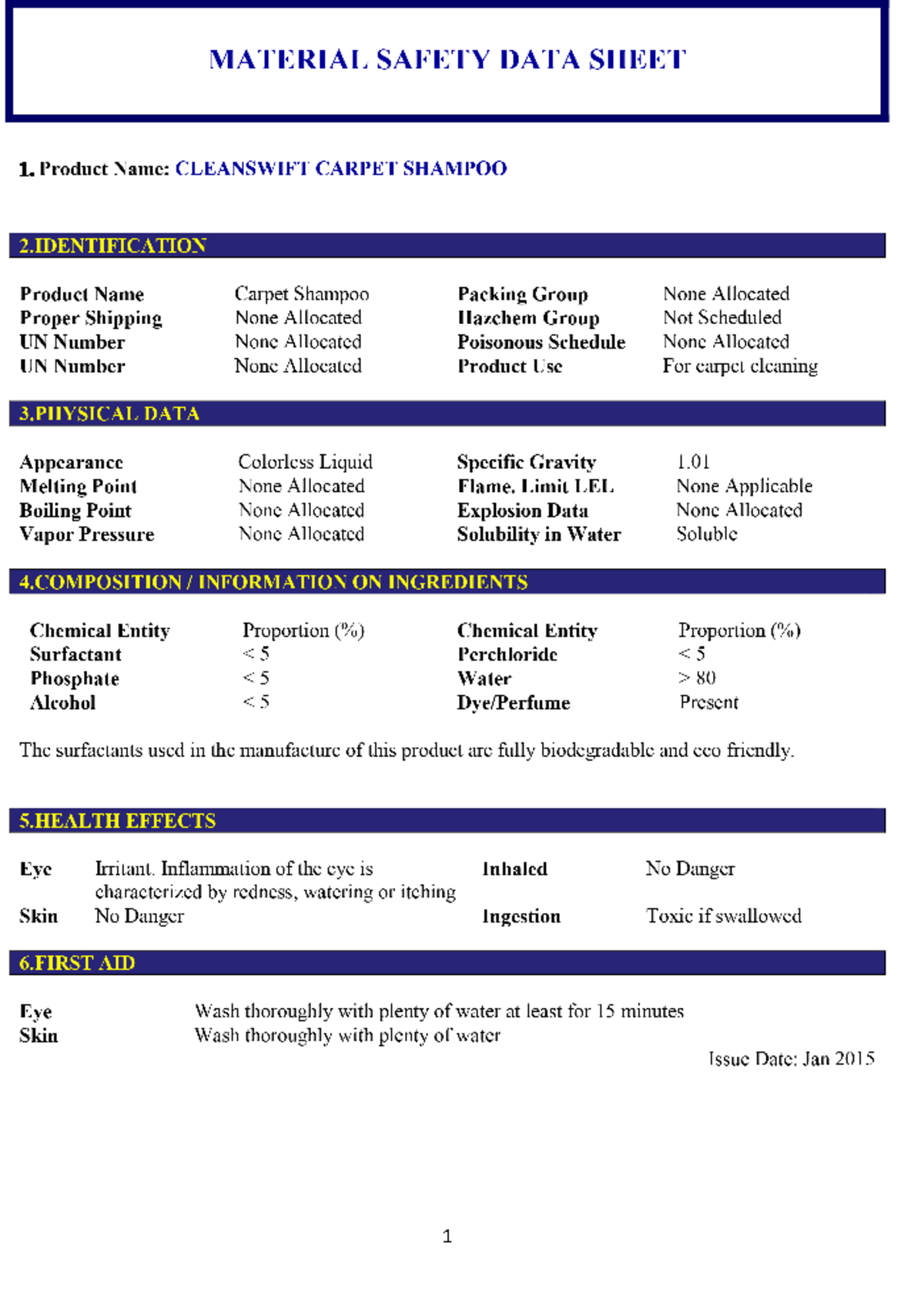MSDS-Clean-Swift-Carpet-Shampoo -4 - Mechanical engineering - Studocu
